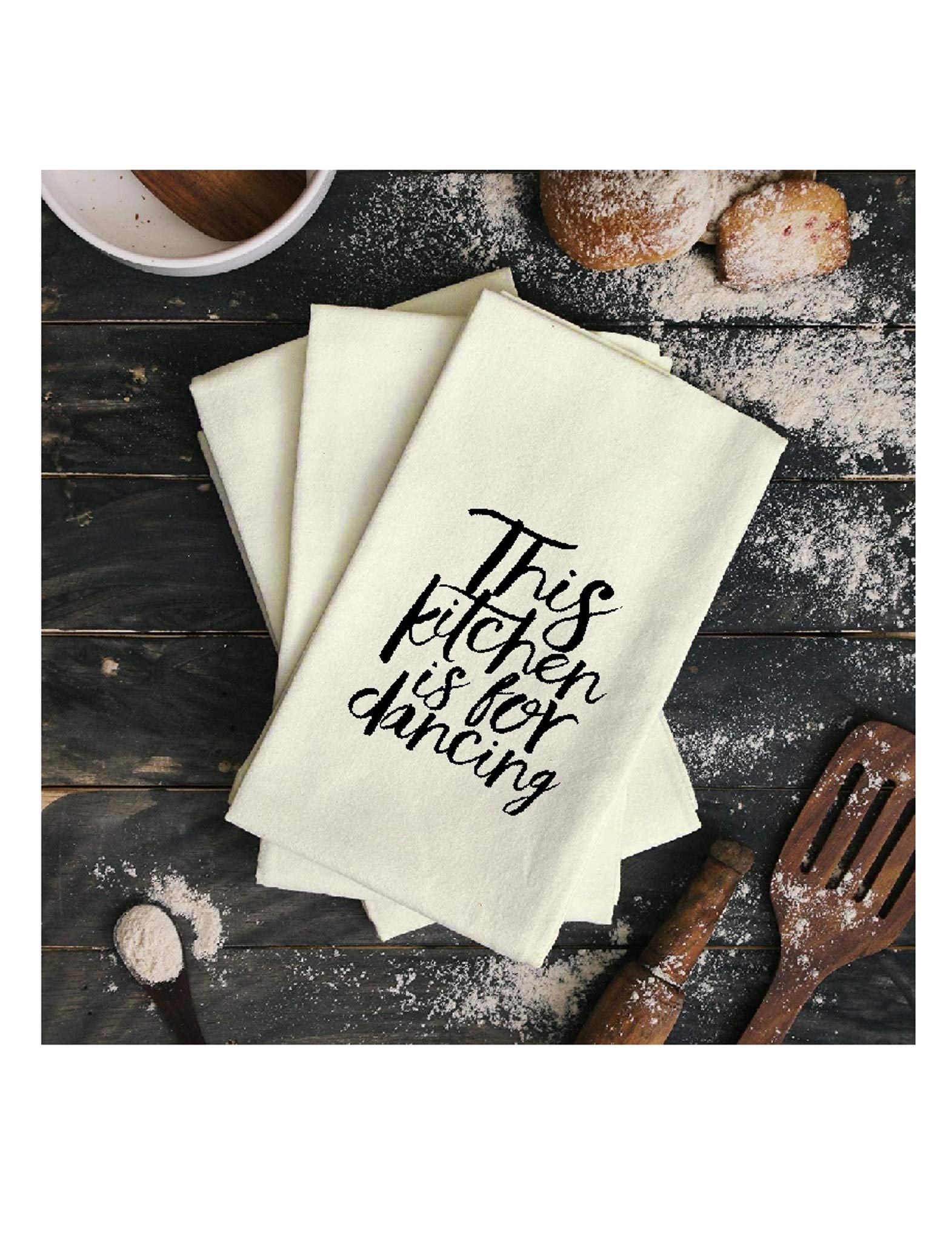 Tea Towel - Flour Sack Towel - 100% Cotton - 27" x 27" - This Kitchen is for Dancing Kitchen - Baking - Camper - Gift - Vinyl - Pick Vinyl Color - Made to Order (Black)
