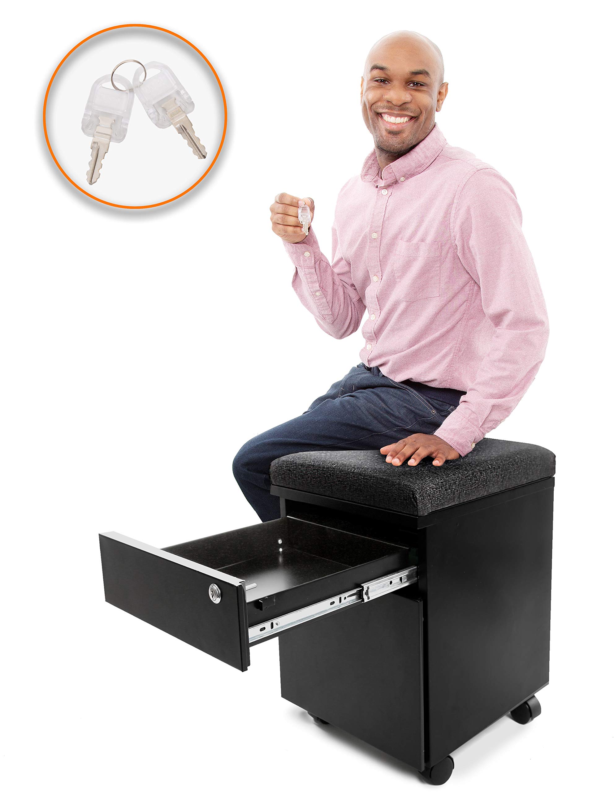 Stand Steady Vert | Rolling File Cabinet | 2 Drawer Mobile File Cabinet with Locking Storage | Small Filing Cabinet with Cushion Top for an Extra Place to Sit | Perfect for Home & Office! (White)