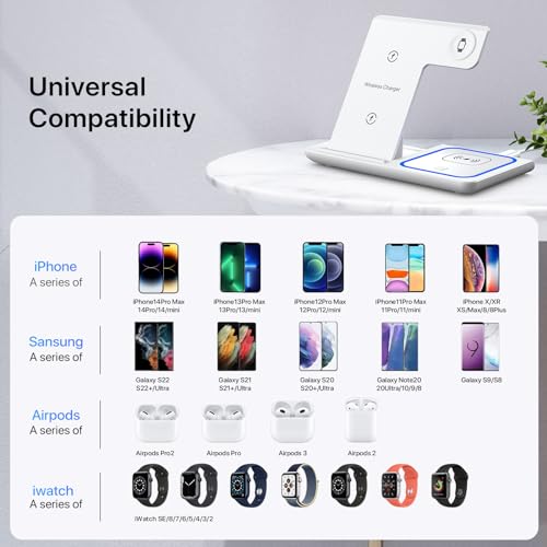 Wireless Charger, 3 in 1 15W Fast Charging Dock Stand for iPhone 15/14/13/12/11/Pro Max/XS/XR/X/8 Plus/8, Compatible with Apple Watch Series and AirPods 3/2/Pro (White)