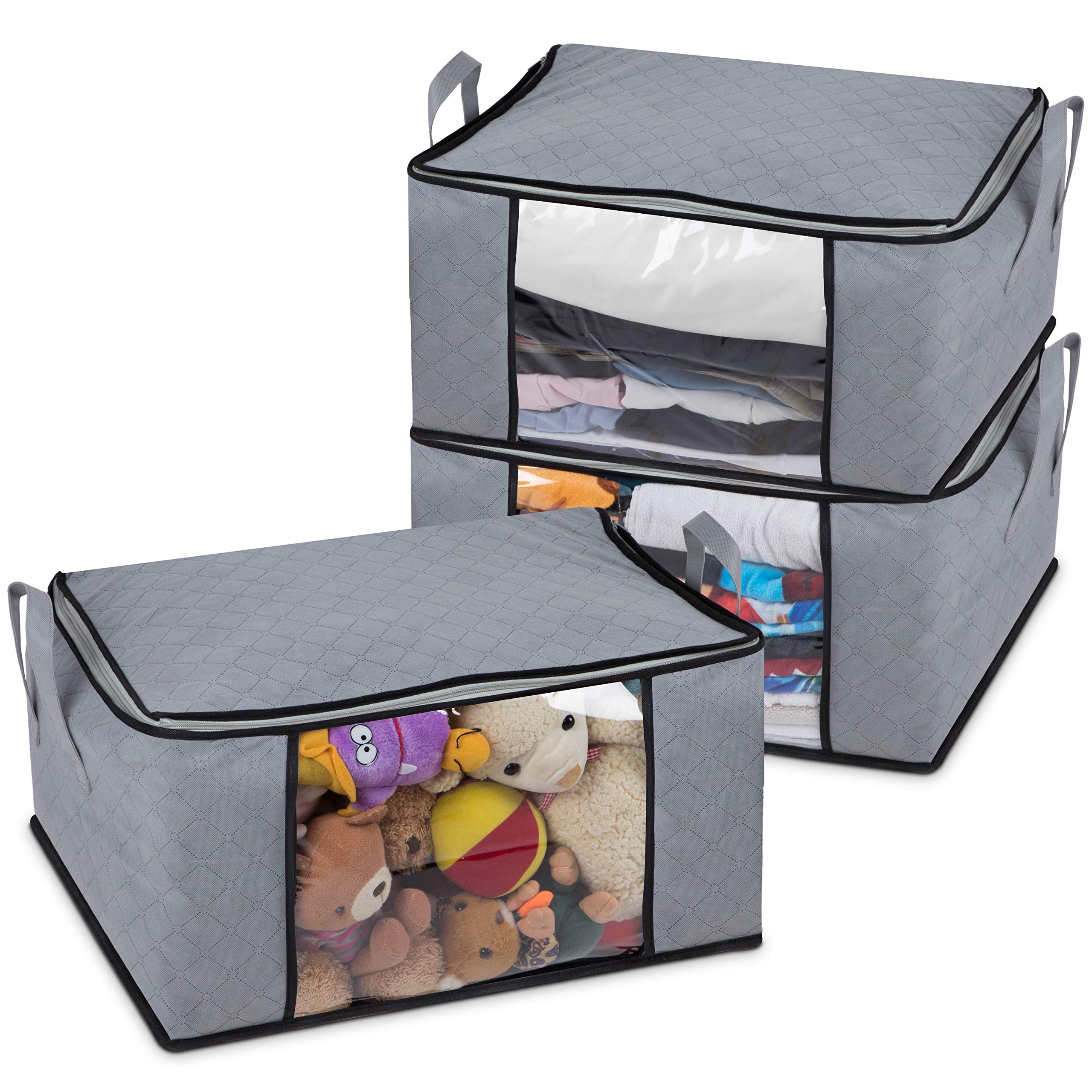 Regal Bazaar Clothes Storage Bag, Extra-Large Capacity Foldable Organizer with Sturdy Handles, Strong 3-Layer Fabric and Dual Zippers, Great for Large Comforters and Bedding (3-Pack, Grey and 3x90L)
