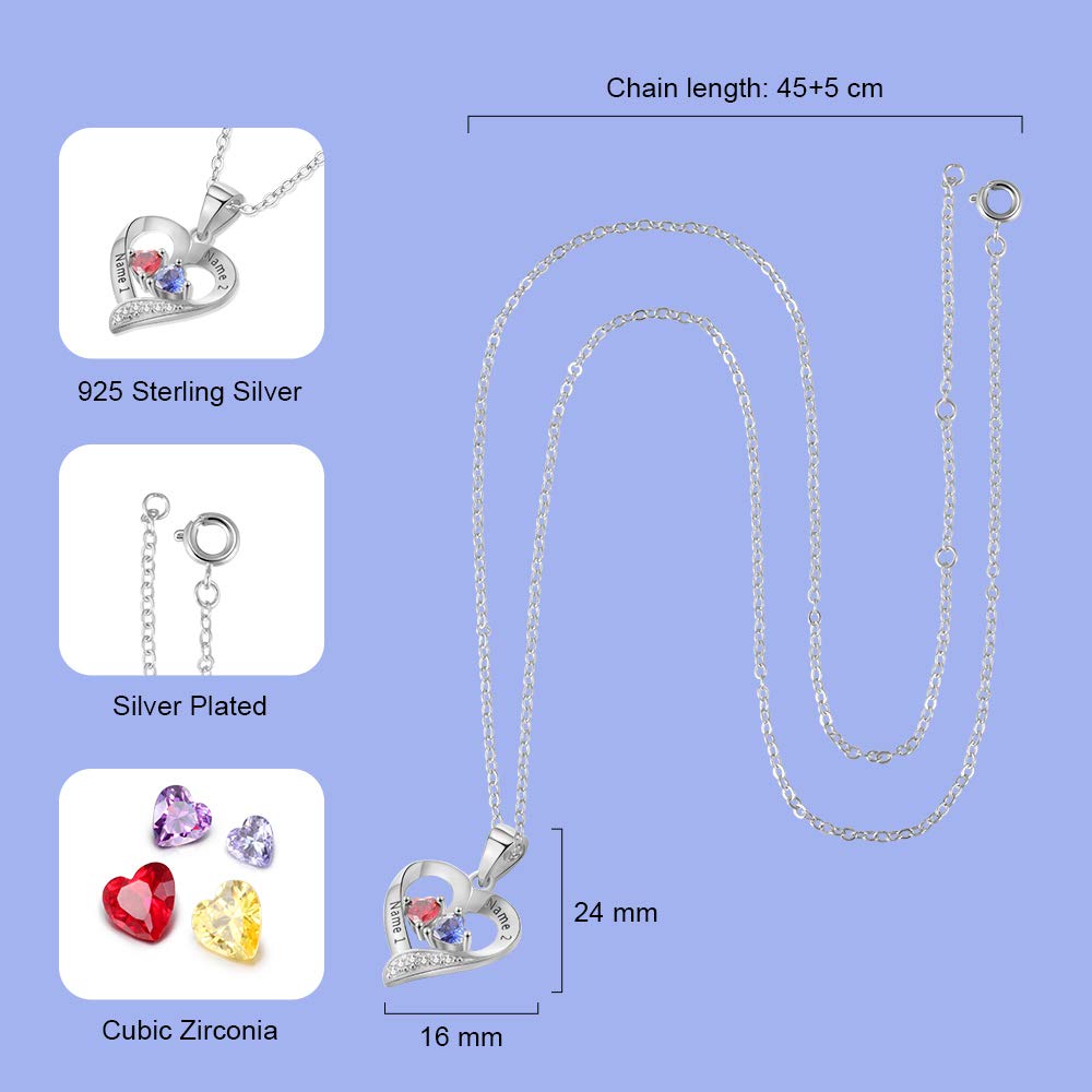 Sterling Silver Personalized 2 Names Necklace with 2 Heart Simulated Birthstone Couple Pendant Necklace for Women (Silver)