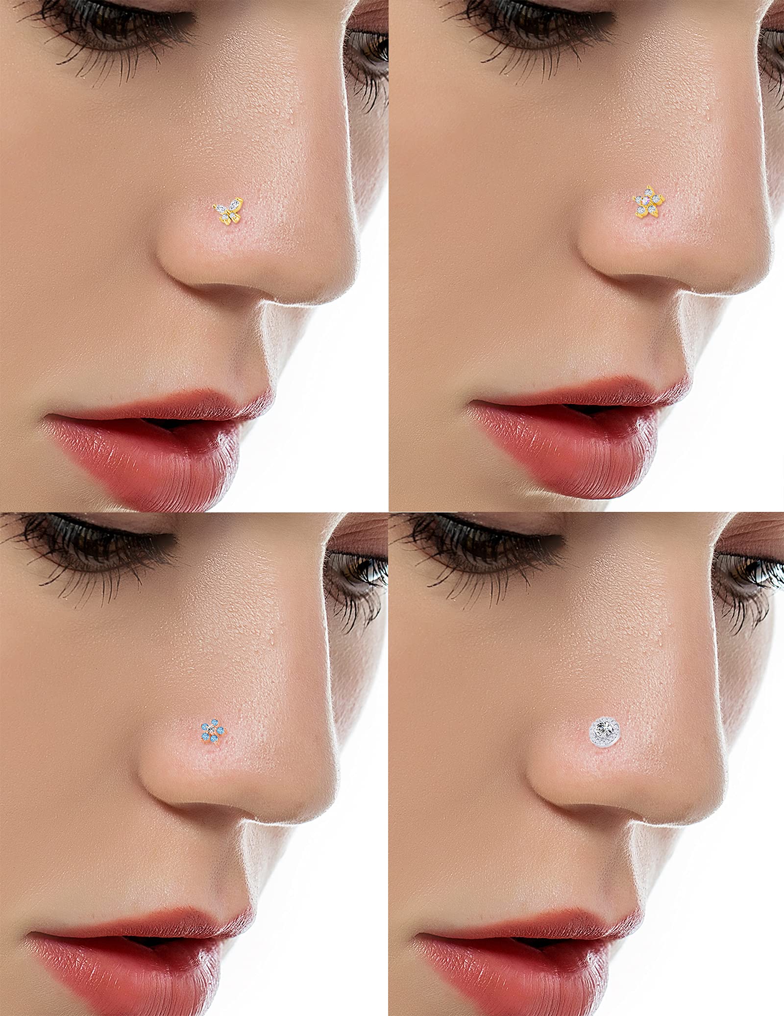 Tornito 9Pcs Nose Rings Stud L Shaped Nose Ring Flower CZ Snowflake Butterfly Screw Nose Stud Body Piercing Jewelry for Women Men 20G Silver Tone