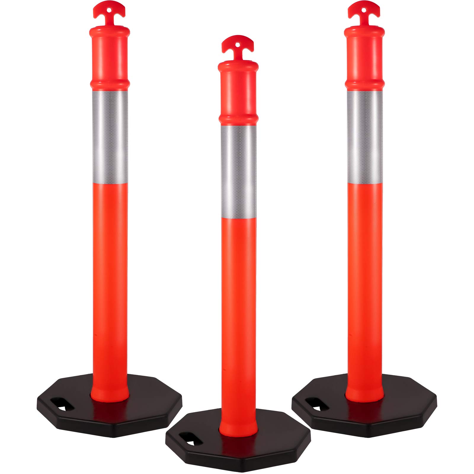 VEVOR 3Pack Traffic Delineator Posts 44 Inch Height, PE Delineator Post Kit 10 inch Reflective Band, Orange Delineator Cones with Rubber Base 16 inch for Construction Sites, Facility Management etc