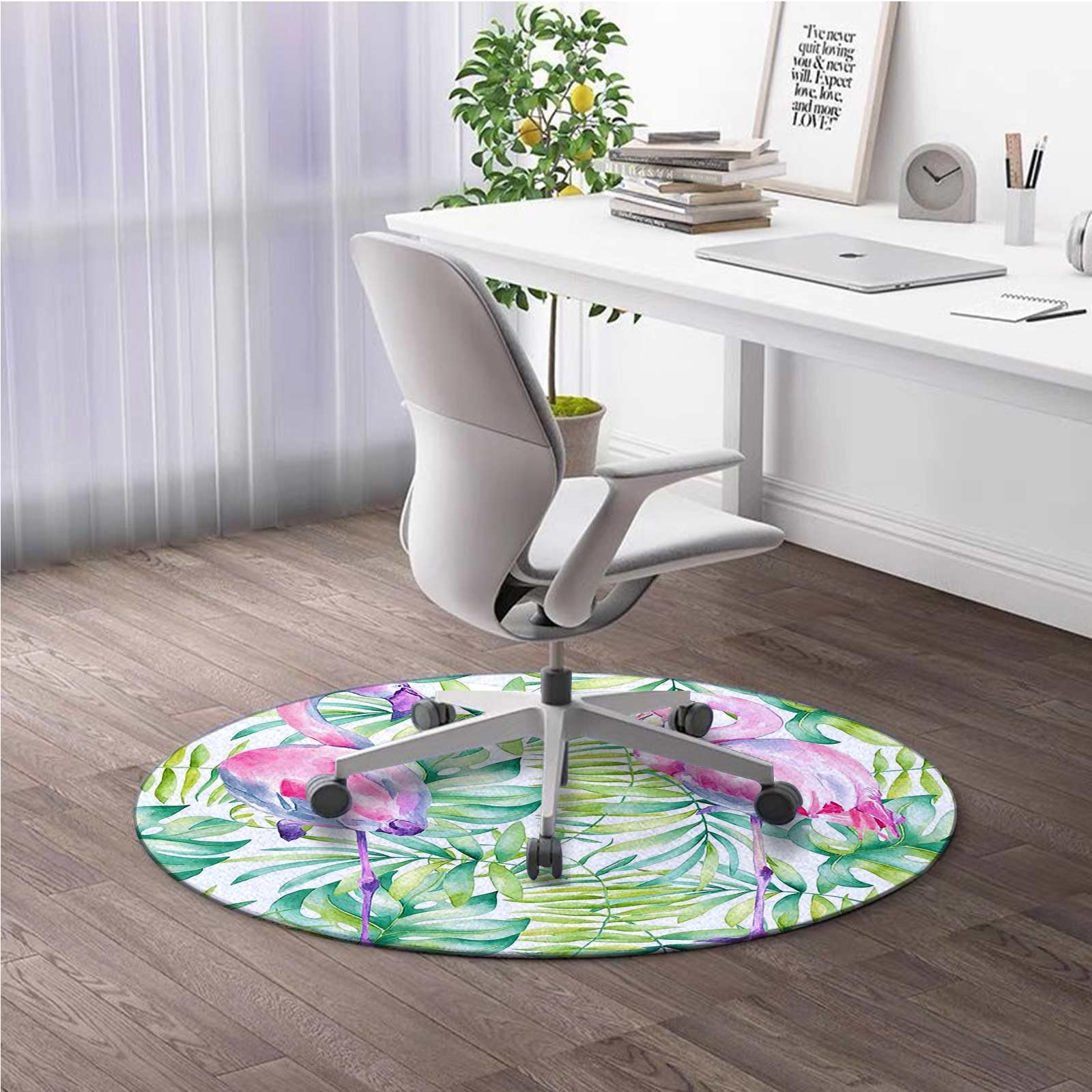 Round Office Chair Mat Flamingo Thick Home/Office Floor Protector Green Desk Chair Hard Floor Protector Mats for Rolling Chair 2 FT