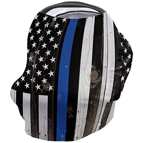 Thin Blue Line Police Nursing Covers for Breastfeeding Baby Stroller and Car Seat Combo Honor Law Enforcement USA Vintage Flag Carseat Canopy Baby Cart High Chair Infinity Scarf