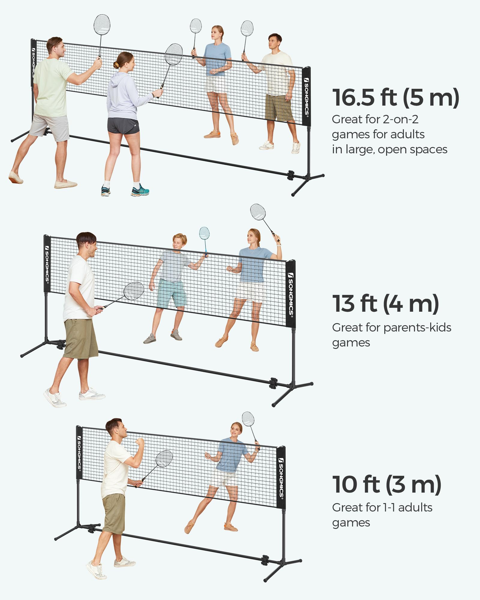 SONGMICS 10 ft Badminton Net, Height Adjustable Volleyball Net, Pickleball Net with Poles, Foldable Nylon Net for Tennis Indoor Outdoor Court, Black USYQ300HV1