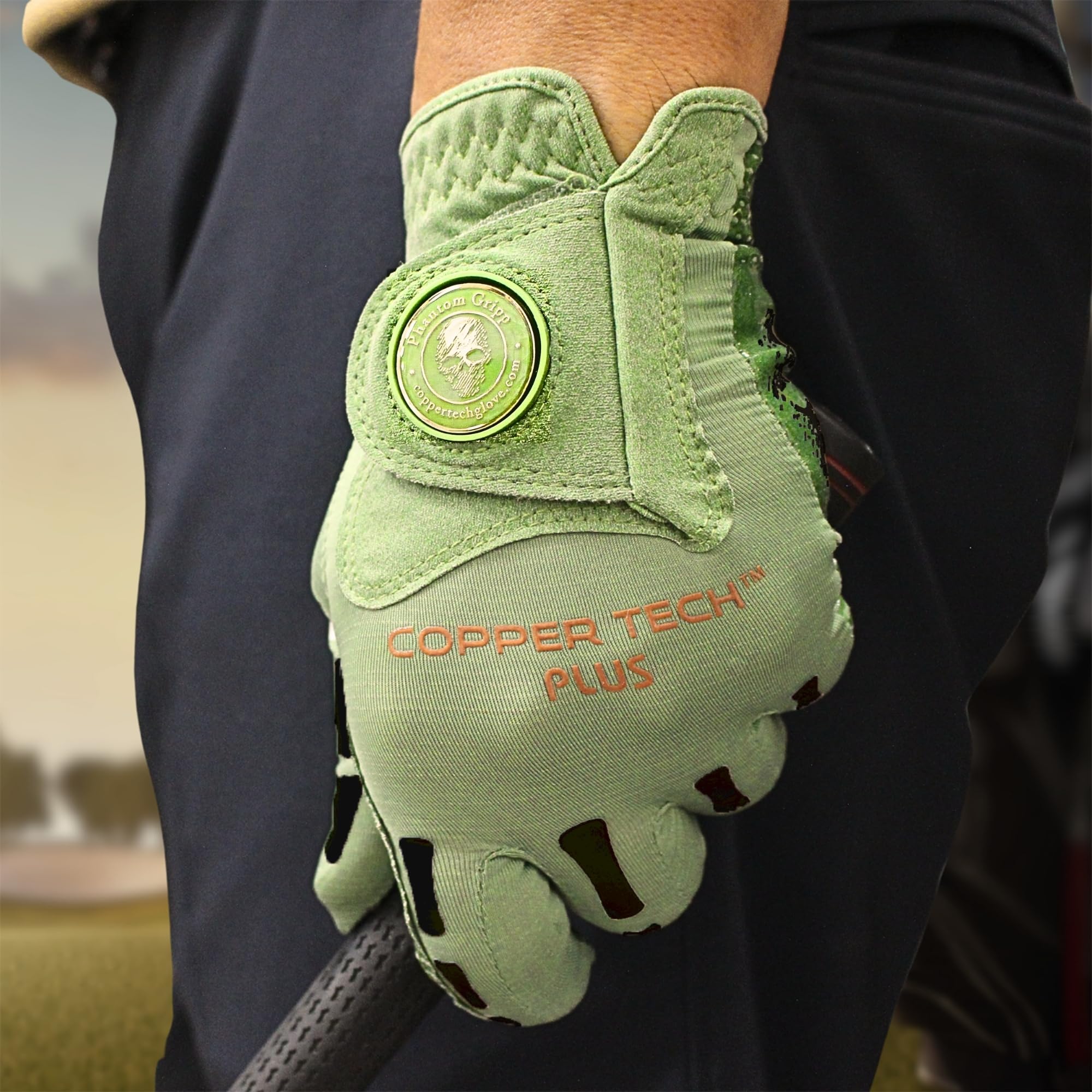 XEIRPRO Copper Tech Men's Golf Gloves - Skeleton Pattern with Ball Marker β Perfect for Summer - Copper Infused Mens Golf Gloves (Green/Black, XL, Left)