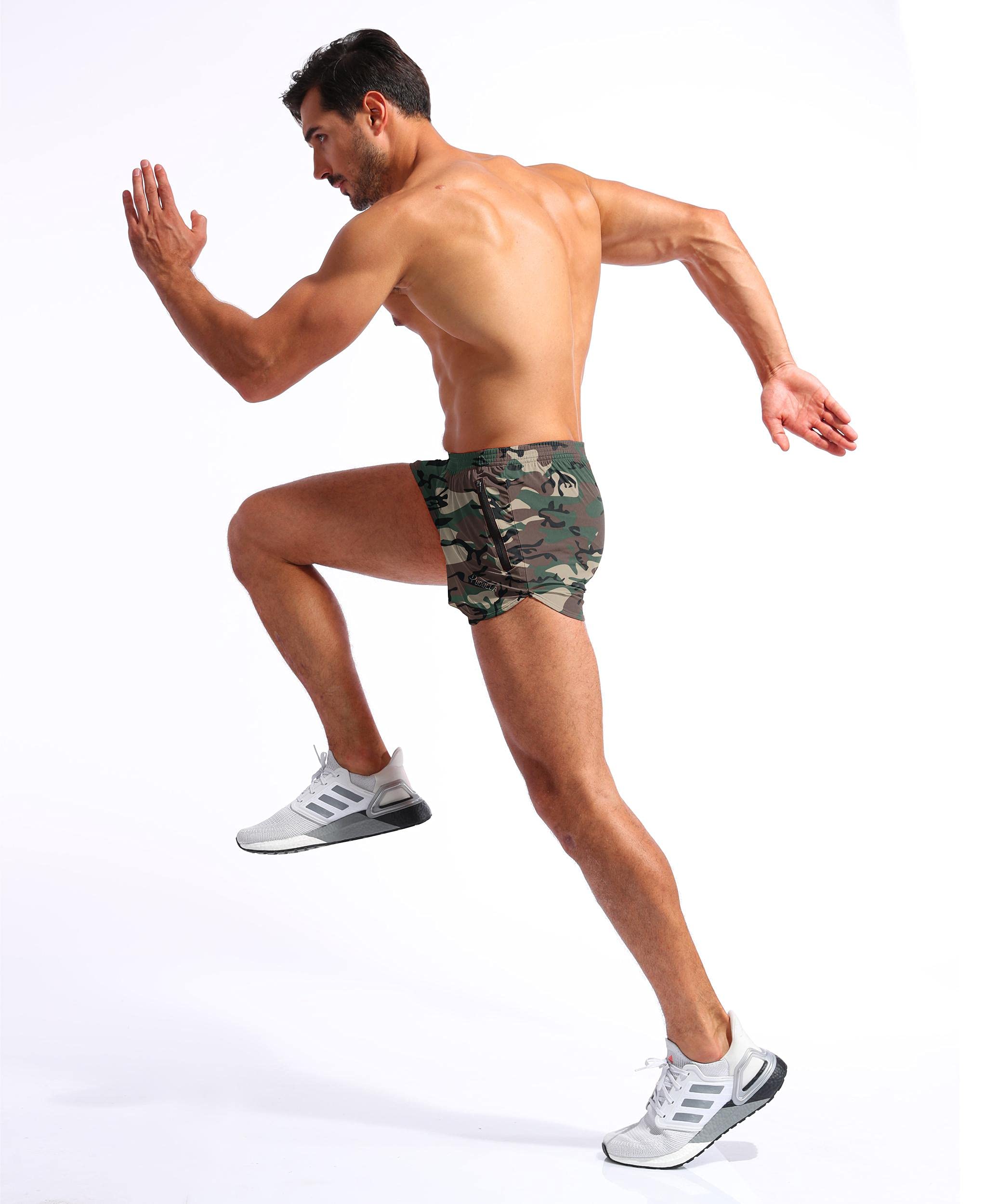Pudolla Men’s Running Shorts 3 Inch Quick Dry Gym Athletic Workout Shorts for Men with Zipper Pockets(Camo Green Medium)