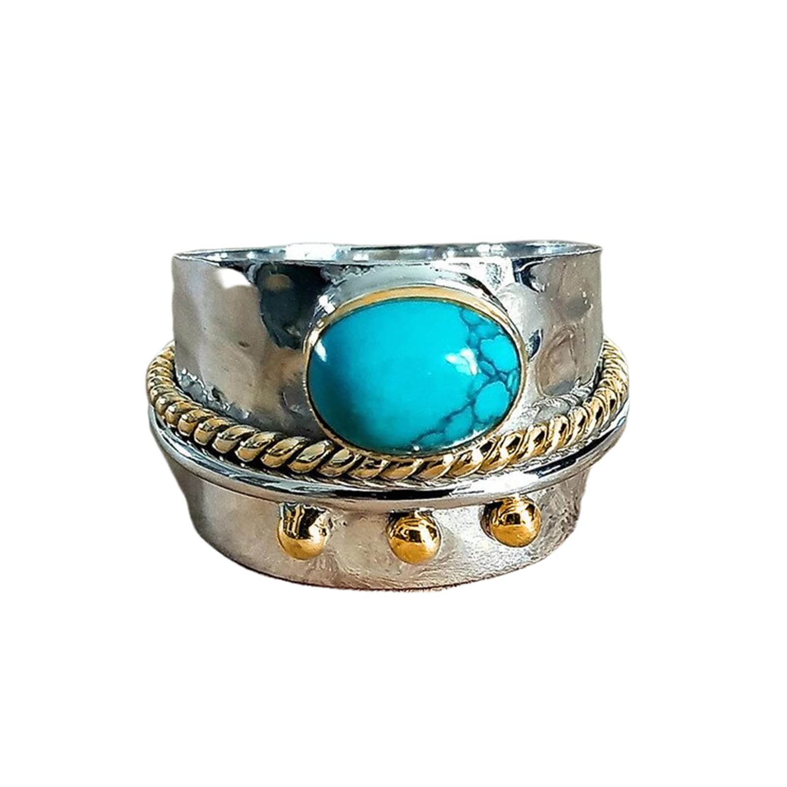 XLAQ Turquoise Wide Band Ring, Boho Vintage Two Tone Ring, Exquisite Rings Gift for Festival Birthday Anniversary (US10)