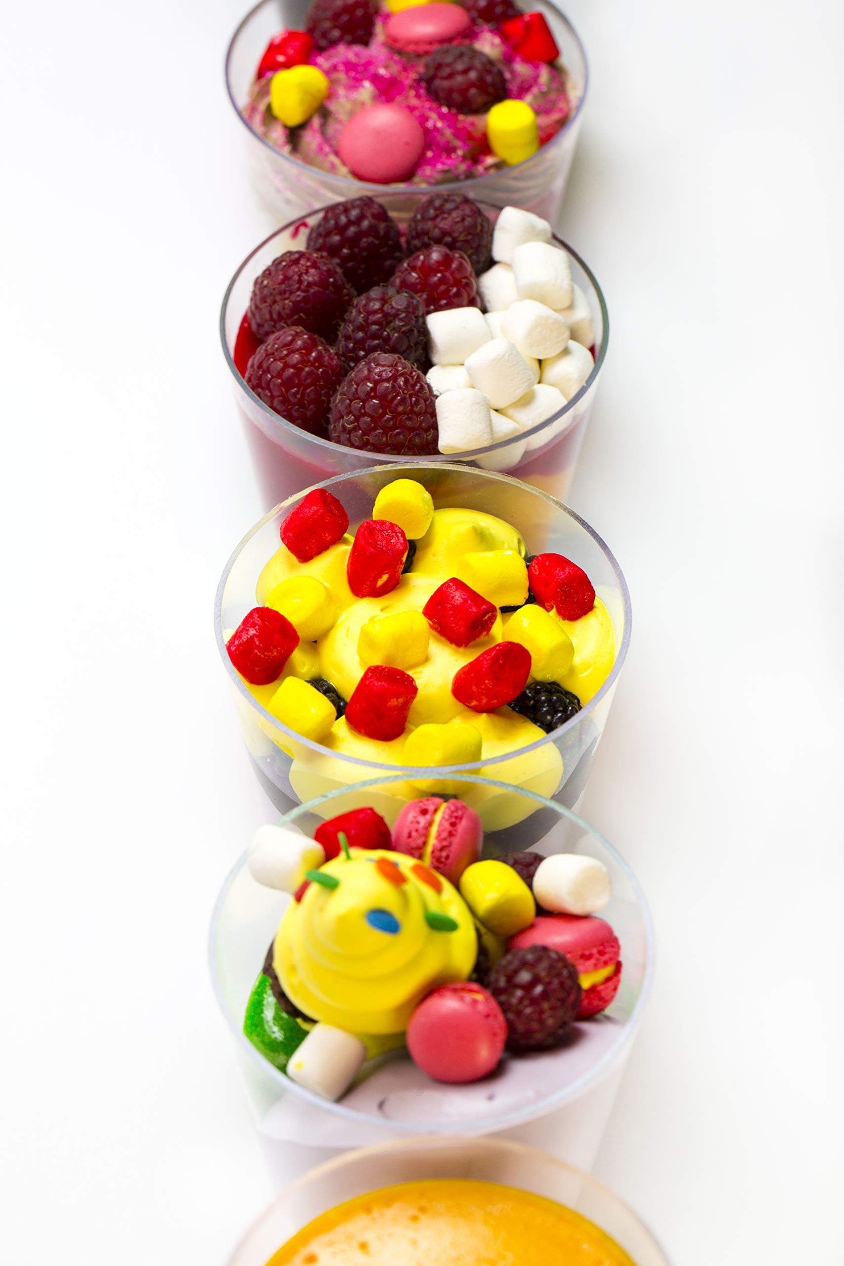 Round Shot Cups - 3 ounce - 100 Count - Spoons Included-Clear Plastic-Straight Wall Shot Glasses - Mini Cup - Dessert Cup - Tasting Sample - Party Shooters - Drink Shot Tumblers-Disposable or Reusable
