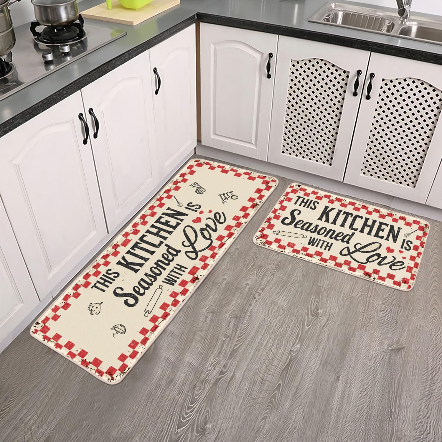 YOUWOUS The Kitchen is Seasoned with Love Kitchen Mats Set of 2-17x29 and 17x47 Inch, Decorative Non Slip Backing Floor Mat for Home Kitchen Red