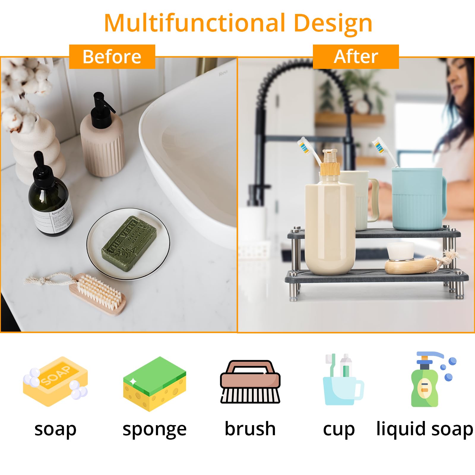 UHSSJUGA Bathroom Sink Drying Stone Caddy,Fast Drying Stone Sink Tray,Water Absorbing Stone Tray for Sink,Instant Dry Kitchen Sink Organizer,Counter Soap Sponge Holder (2 Tier,Grey)