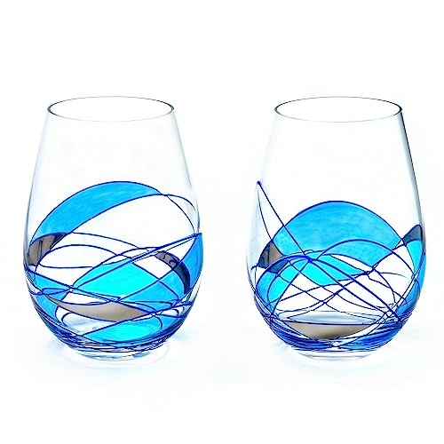 Stemless Wine Glasses Set of 2 Handblown & Handmade Painted Blue Sea Unique Gifts Glassware Decor Art