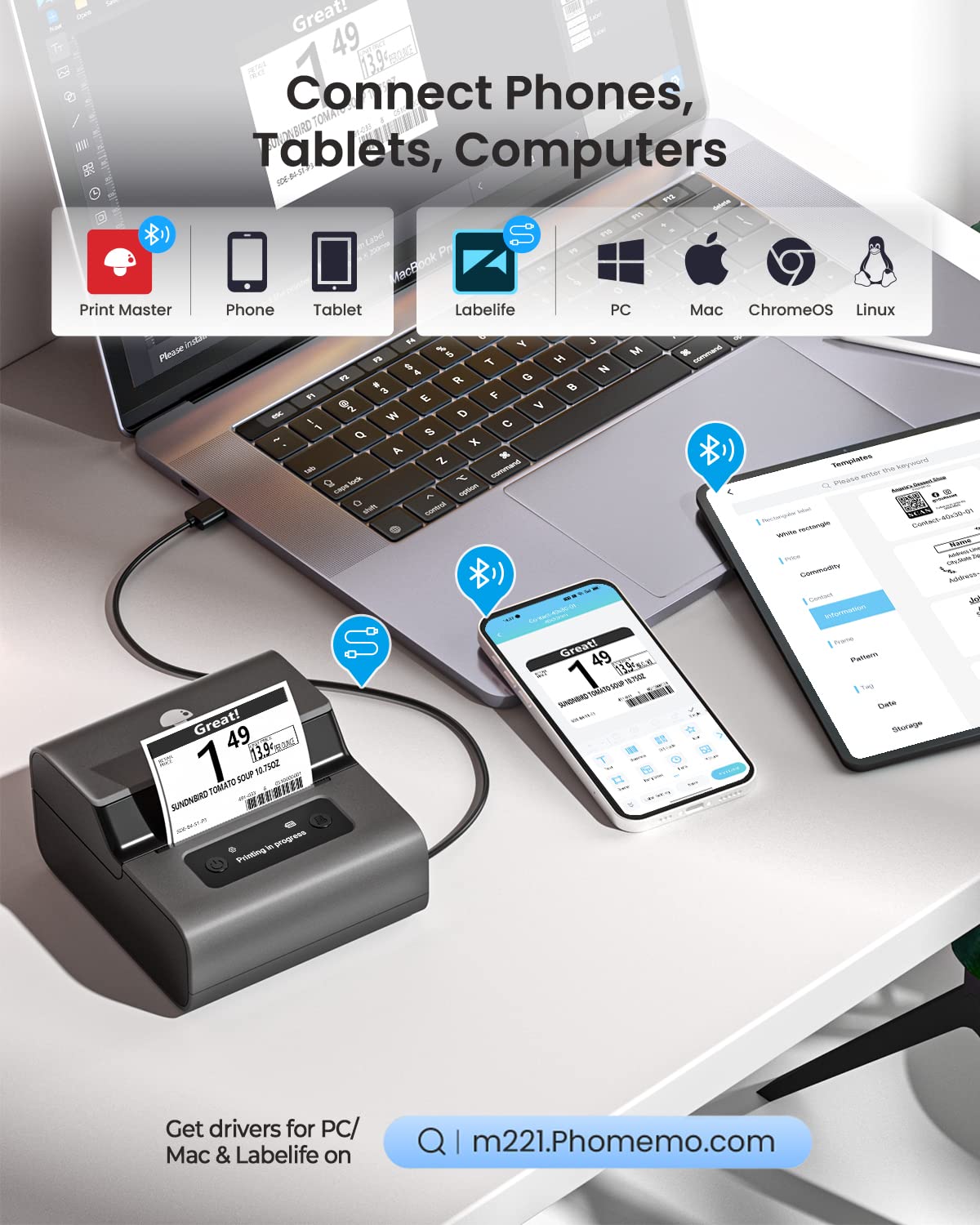 Phomemo M221 Label Maker, Newest Upgraded 3 Inch Bluetooth Thermal, Easier & More Stable, for Product, Address, Barcode, Small Business, Portable Label Printer DIY on Phone/PC, Space Gray,+100 Labels