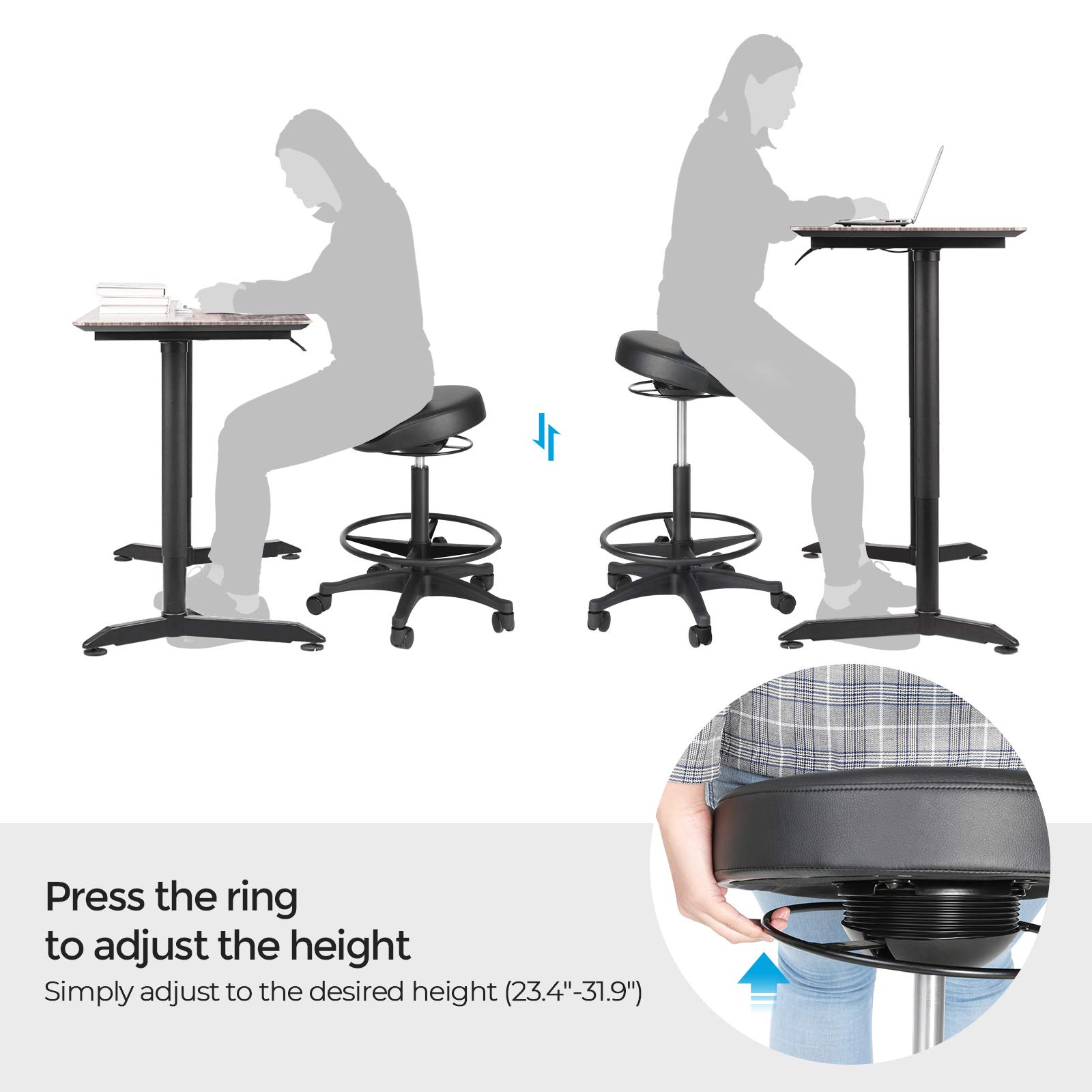SONGMICS Office Stool Chair, Rolling Standing Stool, Ergonomic Wobble Stool with Adjustable Footrest, Swivel Adjustable Drafting Stool, 23.4-31.9 Inches, Black UOSC007B01