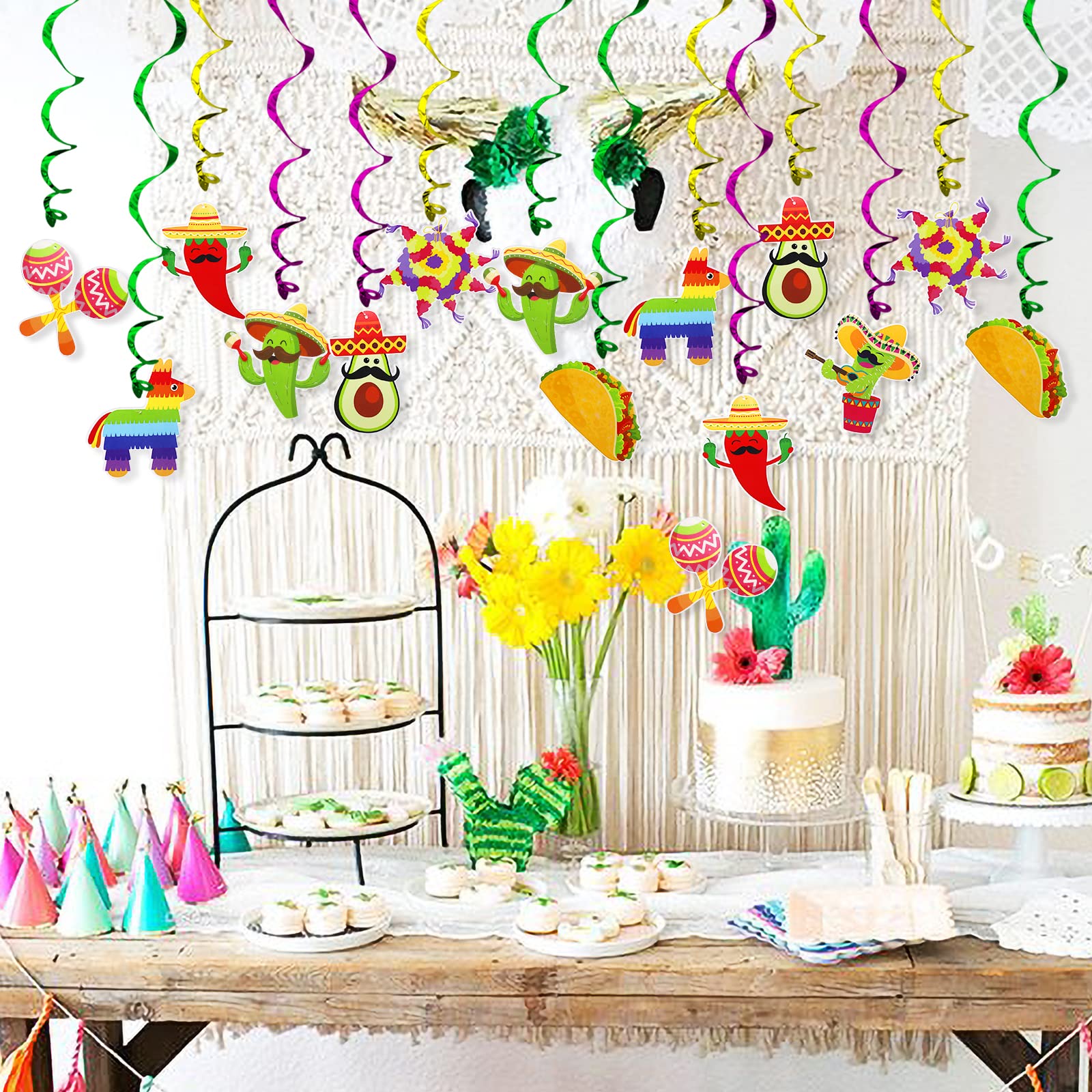 Summer Beach Hanging Swirls, 28Pack Mexican Fiesta Hanging Swirl Decorations, Cinco De Mayo Party Supplies, Taco Twosday Birthday Theme, Taco Party Ceiling Decorations