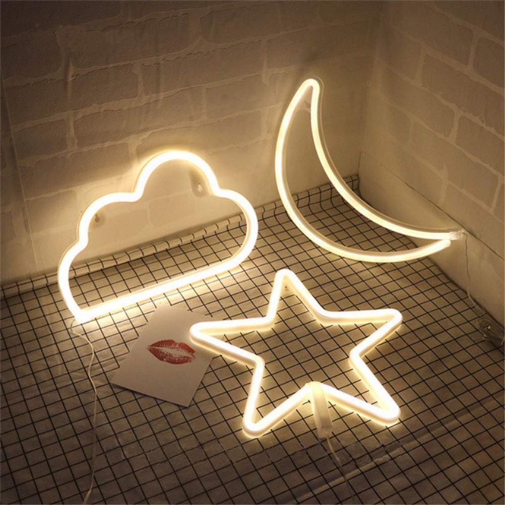 Star Moon and Cloud Neon Night Sign Decorative LED Light Art Wall Decor for Bar Bedroom Birthday Party Decor Powered by Battery/USB (Warm White)