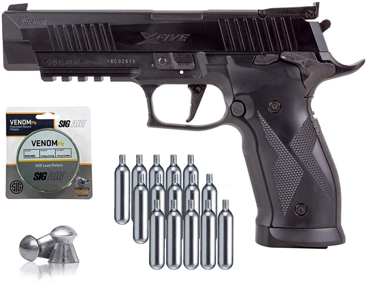 SIG Sauer X-Five Air Pistol with CO2 12 Gram (15 Pack) and 500 Lead Pellets Bundle (Black)