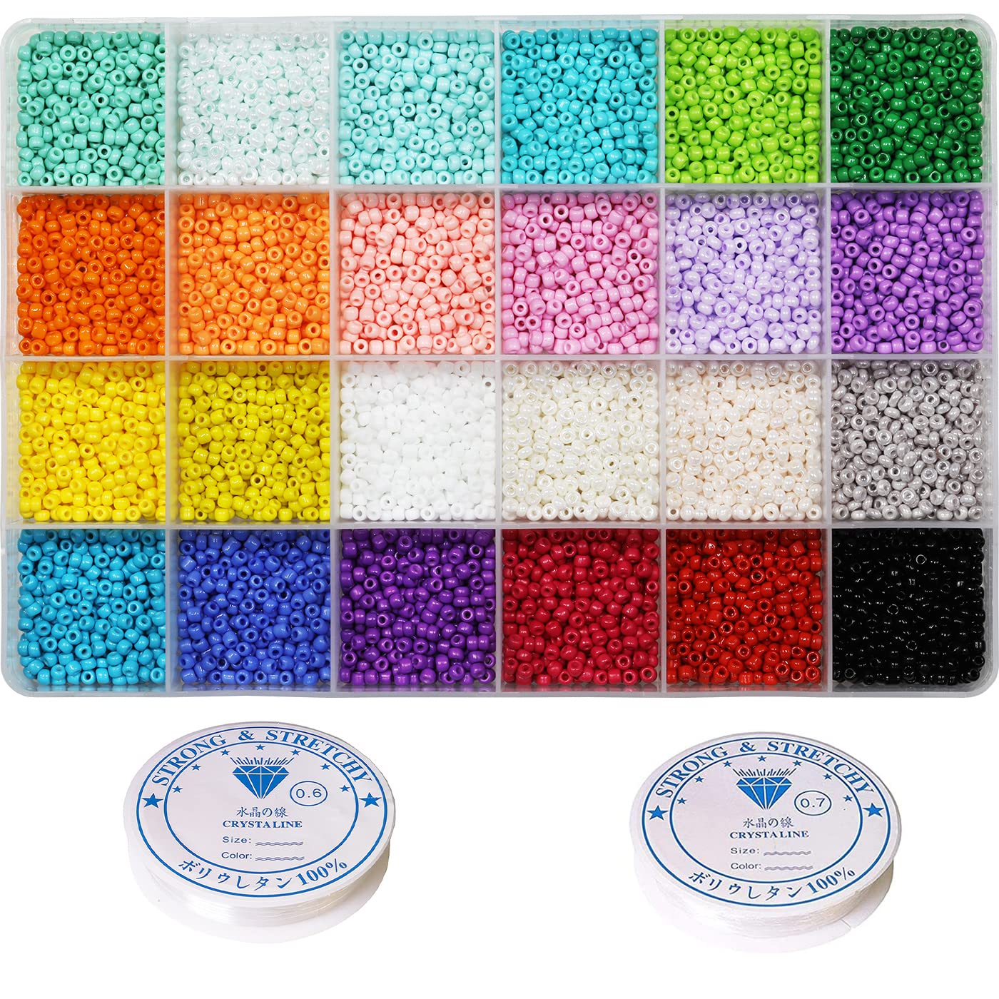 VOOMOLOVE About 7200pcs 3mm 8/0 Glass Seed Beads 24 Colors Loose Beads Kit Bracelet Beads with 24-Grid Plastic Storage Box for Jewelry Making