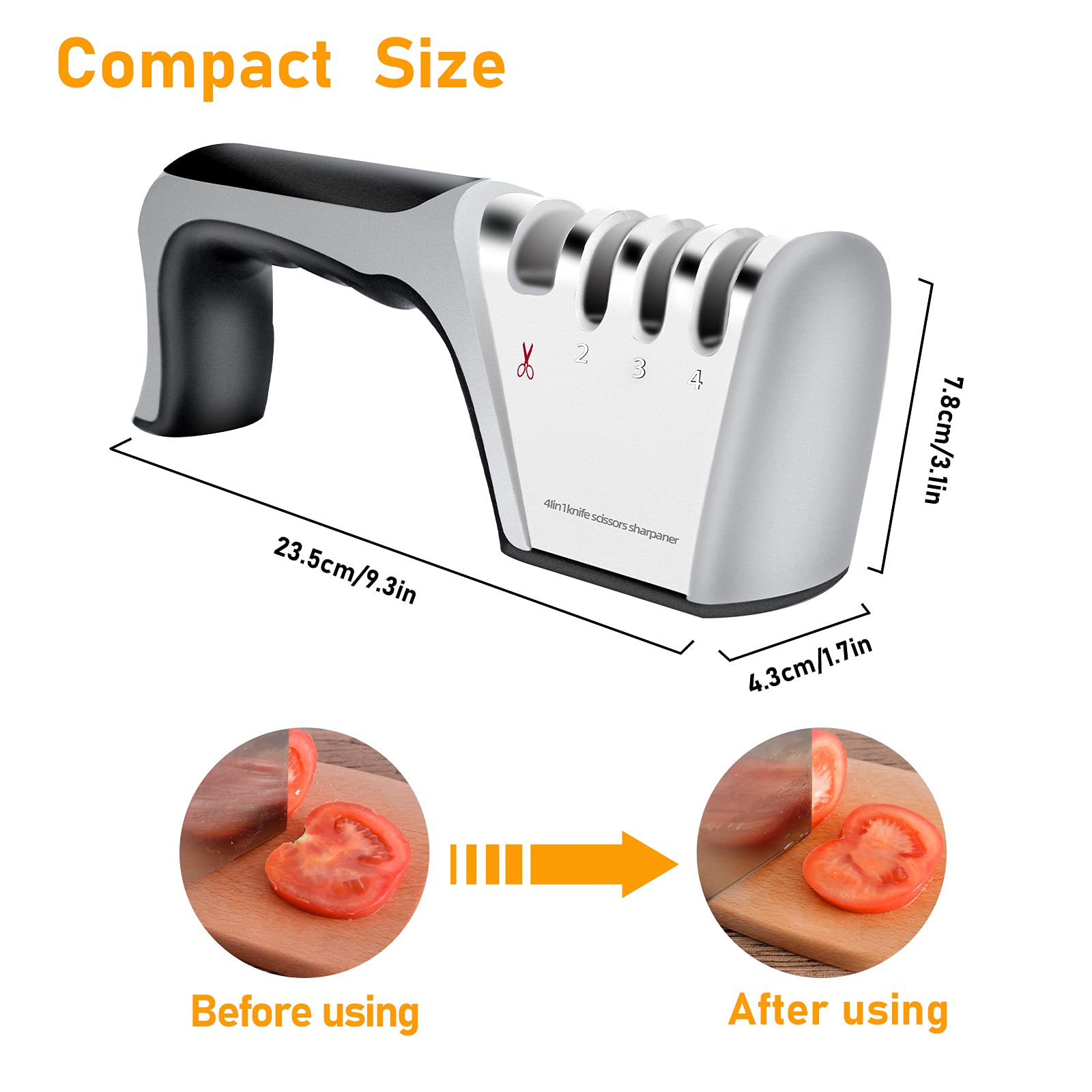The 4-stage kitchen knife sharpener is easy to use, can sharpen scissors and steel knives quickly, and is as sharp as new after use. (gray)