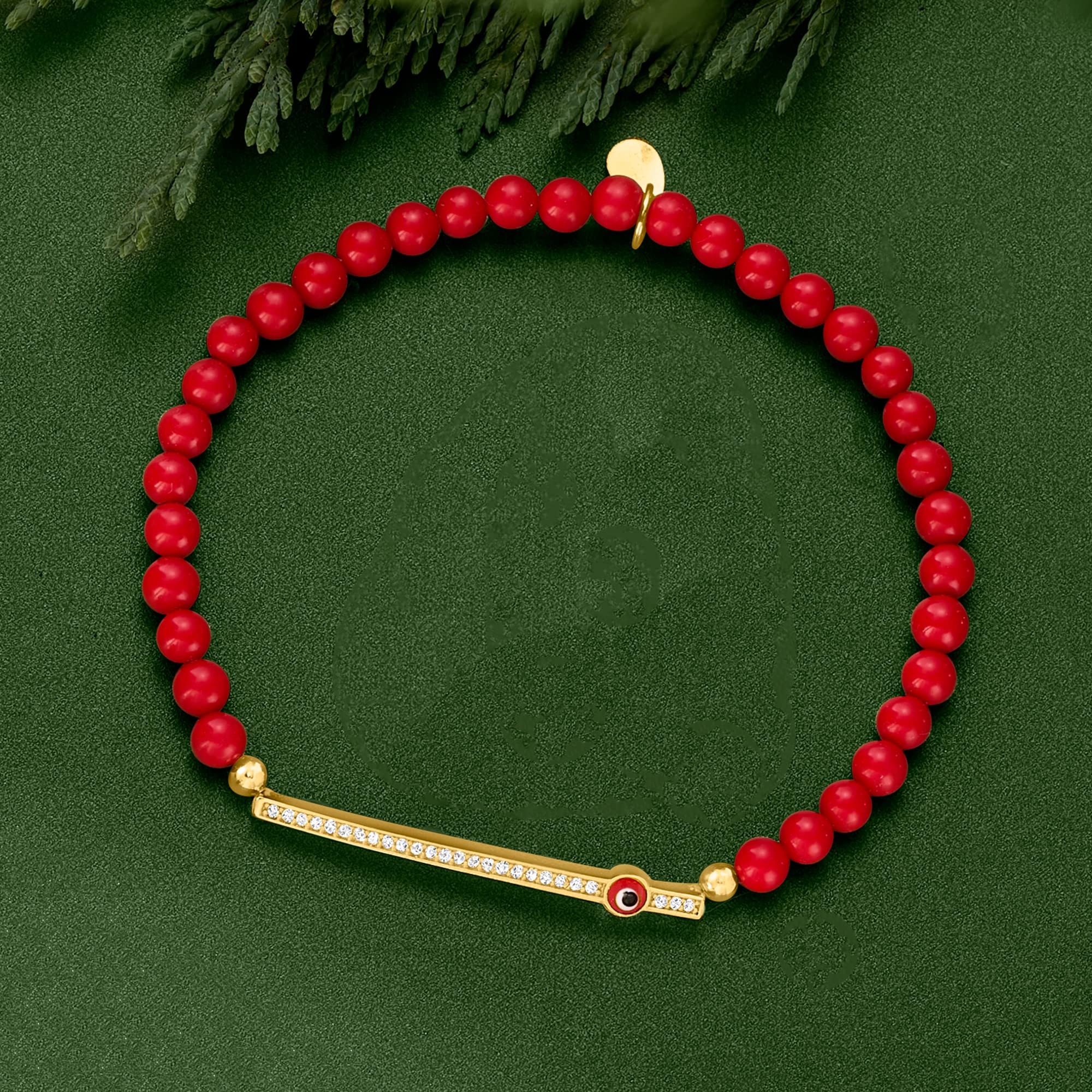 Ross-Simons 4mm Simulated Red Coral Bead and .10 ct. t.w. CZ Evil Eye Stretch Bracelet With Enamel in 18kt Gold Over Sterling