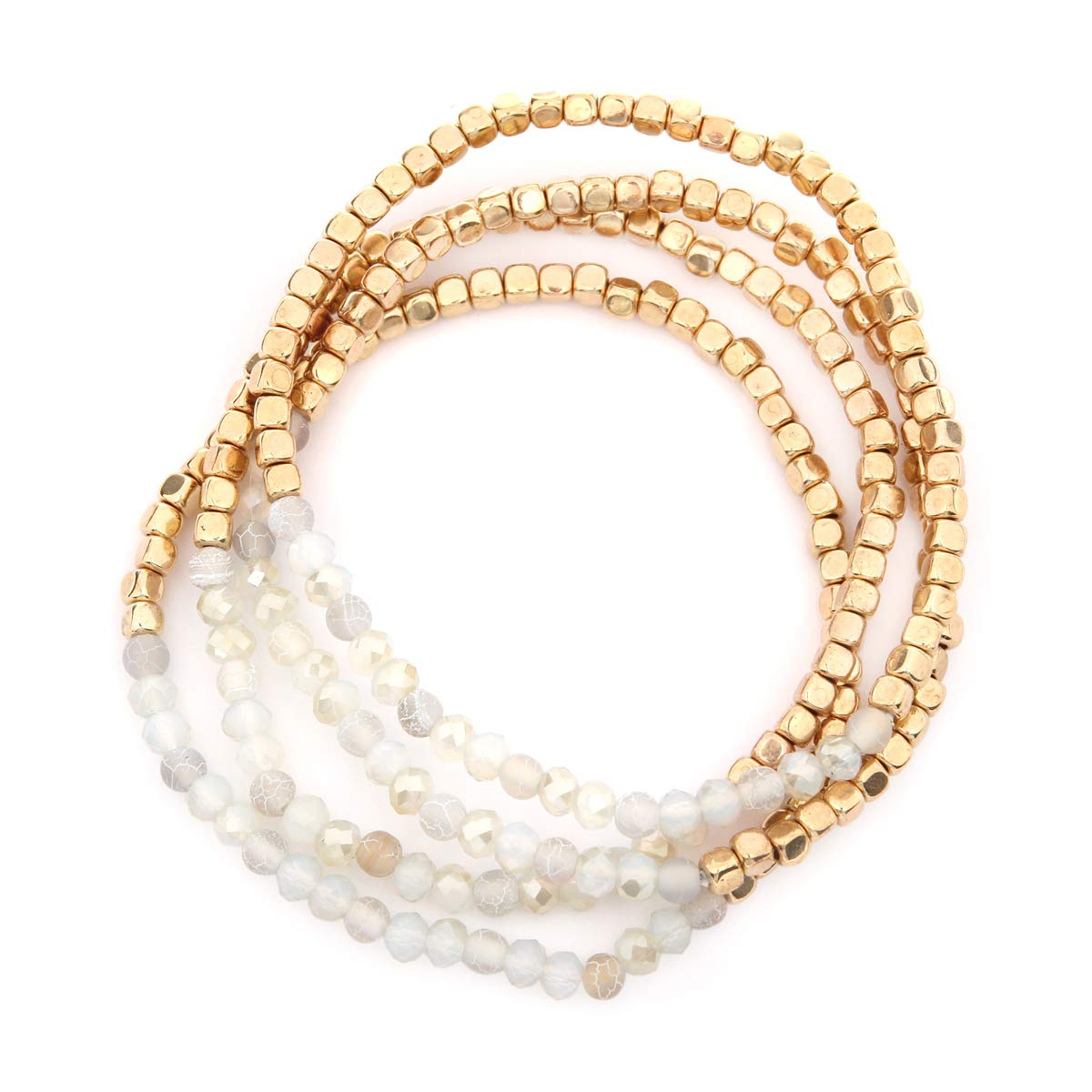 RIAH FASHION Delicate Boho Beaded Multi Layer Versatile Bracelets - Stackable Stretch Bangles Sparkly Crystal, Natural Stone (Delicate Natural Stone & Gold Mix)