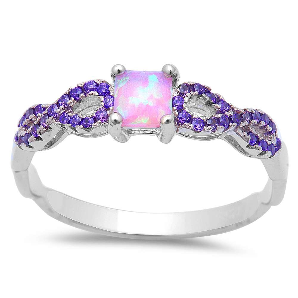 Oxford Diamond Co Lab created Pink Opal w/Simulated Amethyst Infinity .925 Sterling Silver Ring Sizes 5