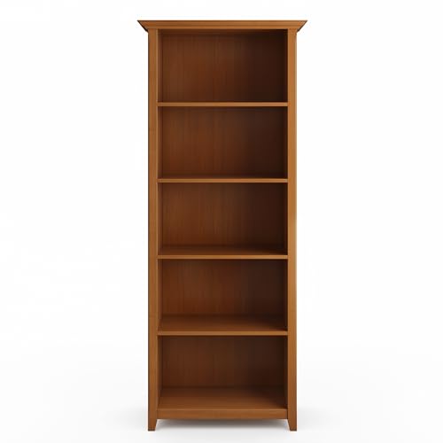 SIMPLIHOME Amherst SOLID WOOD 30 Inch Transitional 5 Shelf Bookcase in Light Golden Brown, For the Living Room, Study Room and Office