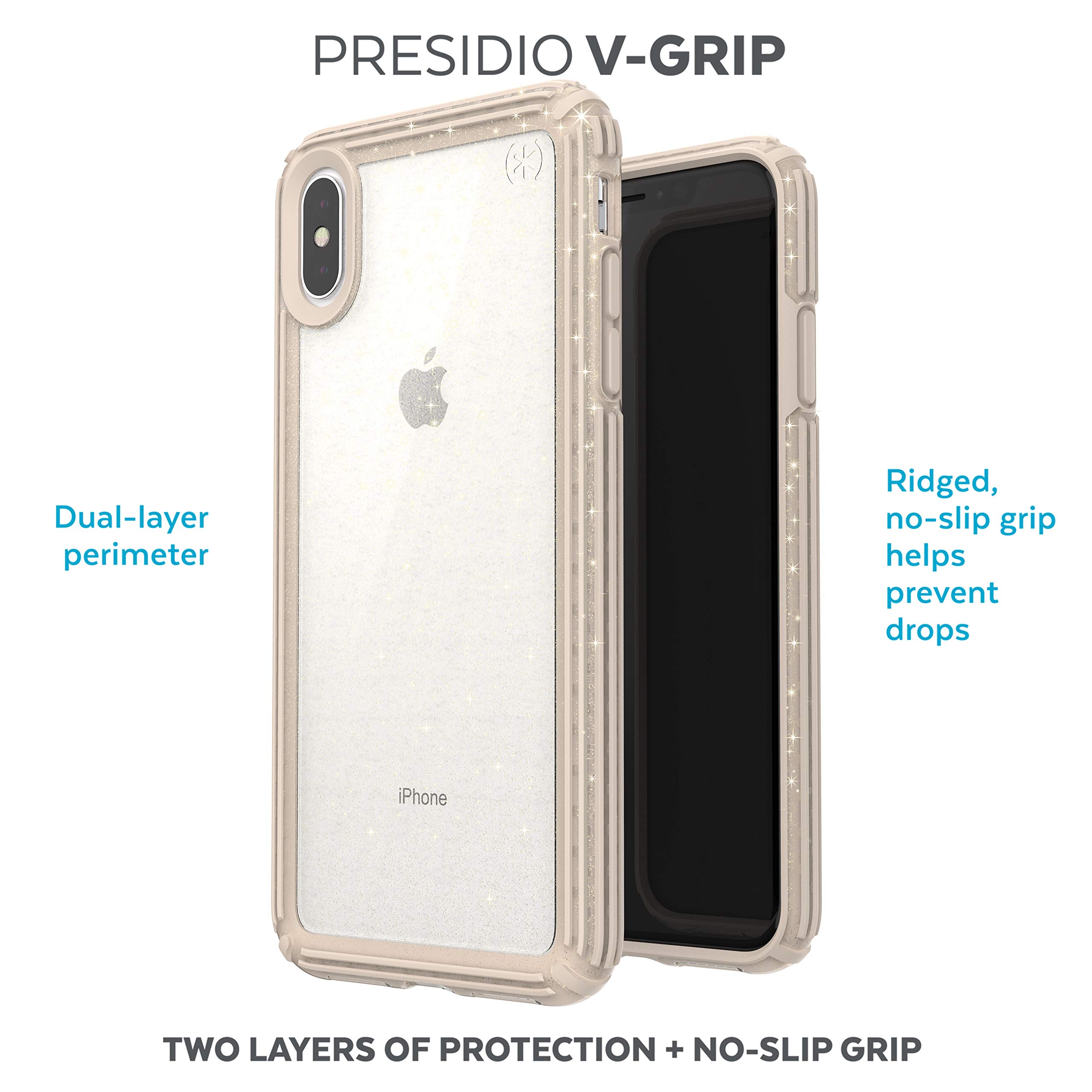 Speck Products Presidio V-Grip iPhone Xs Max Case, Clear with Gold Glitter/Calfskin Brown (120255-7730)