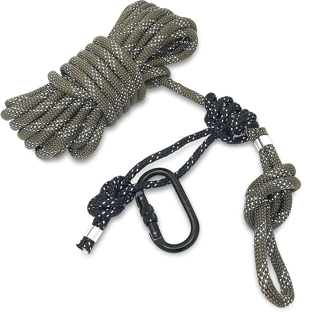 Reflective Safety Rope for Tree Stand - 30ft Premium Treestand LifeLine Rope Hunting - Safety Harness Lifeline Rope. Treestand Safety Harness Rope Camo with Prusik knot life line and Carabiner