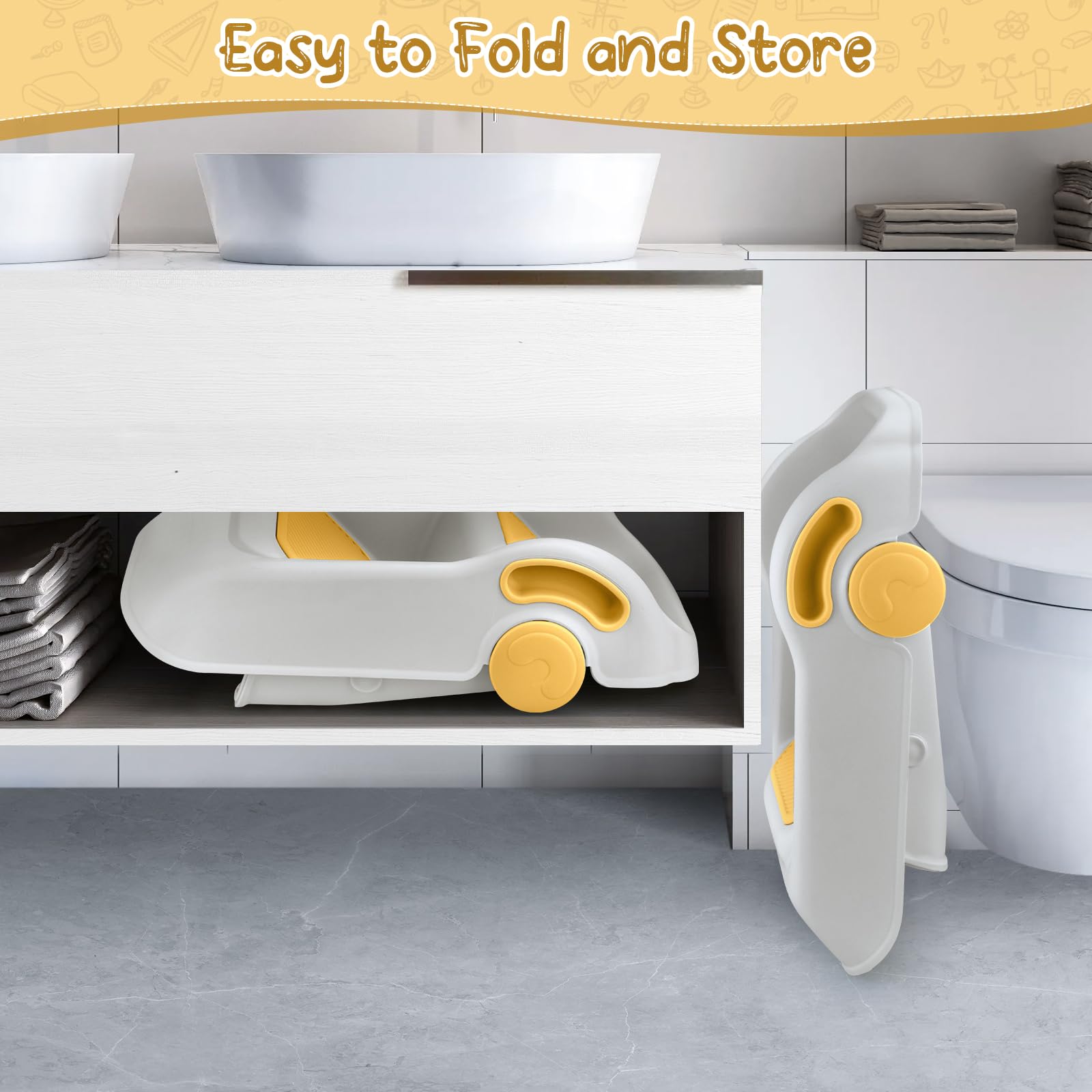 Step Stool for Kids, Foldable Anti-Slip 2-Step Stool for Toilet Potty Training, Sturdy Child Step Stool with Handles to Reach Kitchen Counter, Bathroom Sink, and Toddler Bed, White and Orange