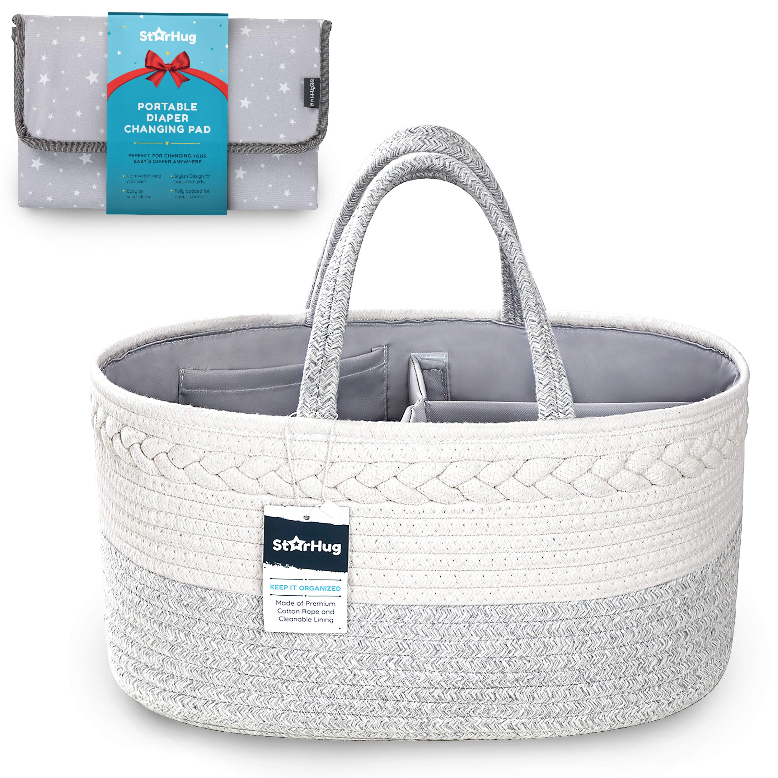 StarHug Baby Diaper Caddy Organizer β Baby Shower Basket with 2 Inner Pockets, Cleanable Interior, 100% Cotton Rope, Eco-Friendly, Large (Diaper Caddy + Portable Changing Pad)