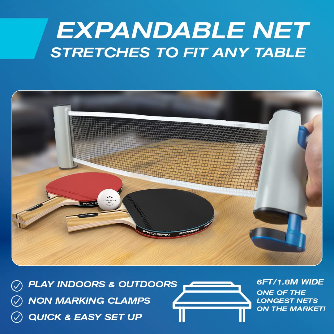 PRO SPIN All-in-One Portable Ping Pong Paddle Set | Ultra-Comfort Paddles | Table Tennis Set | Retractable Ping Pong Net (Up to 72" Wide) | 3-Star Balls | Storage Case | Game Table | Gift