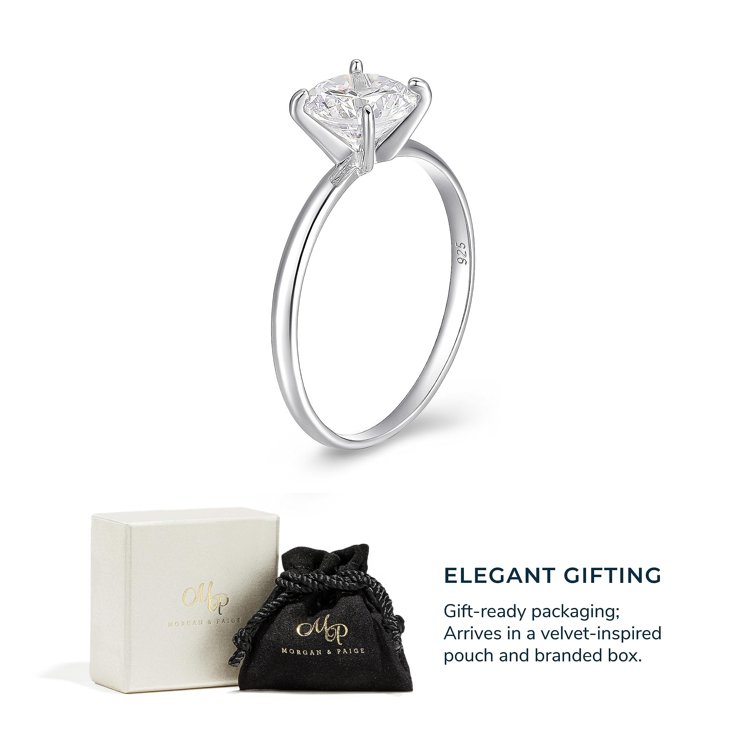 Platinum Plated Sterling Silver Round 6.5mm Cubic Zirconia Solitaire Ring, Size 6