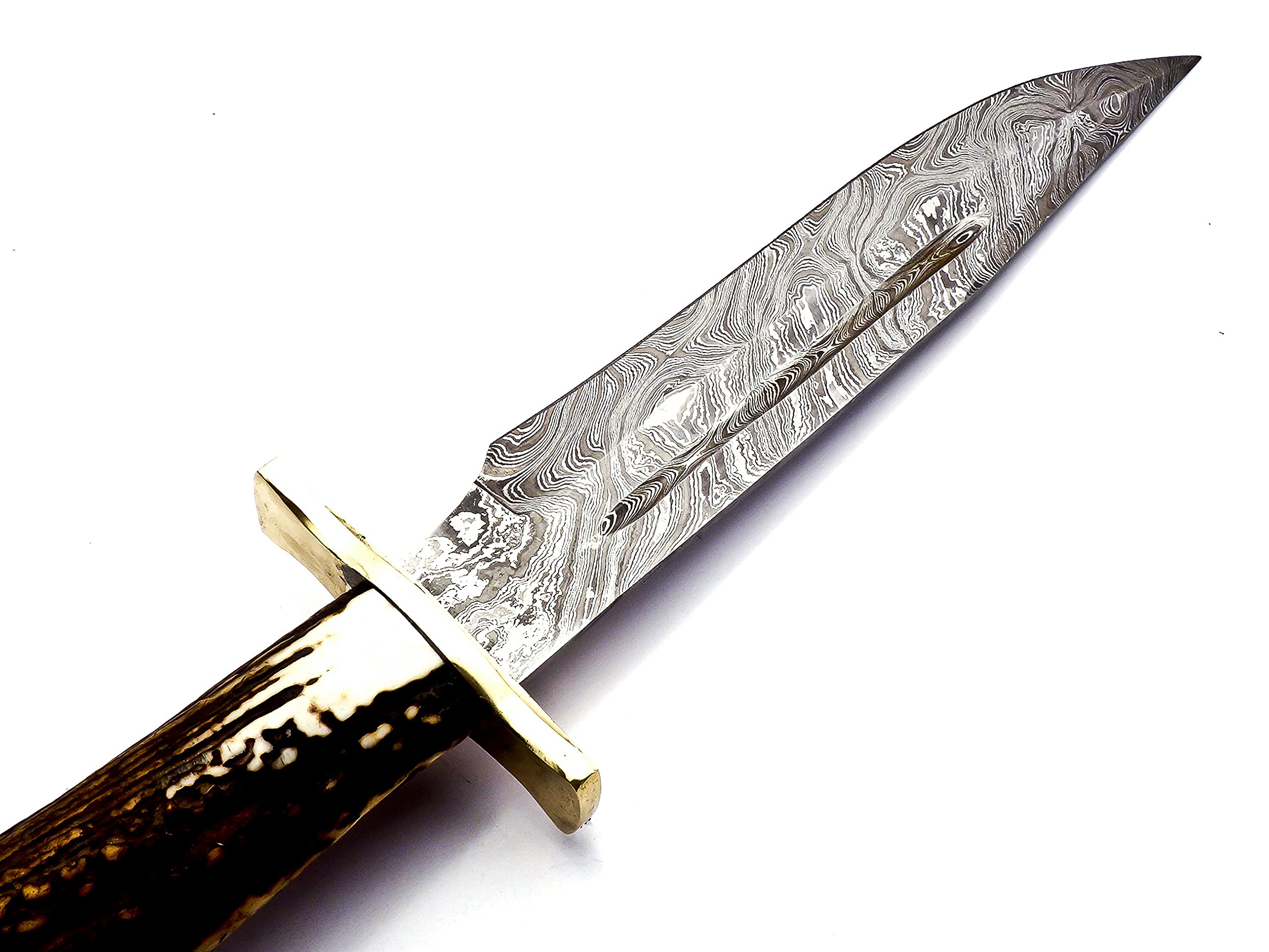 Skokie Knives Damascus Steel Bowie Knife Bull Horn Handle with & Brass Guard β16β Handmade Premium Quality Sharp Edge Fix Blade -Genuine Multipurpose Knife Ideal for Hunting, Camping (Stage B)