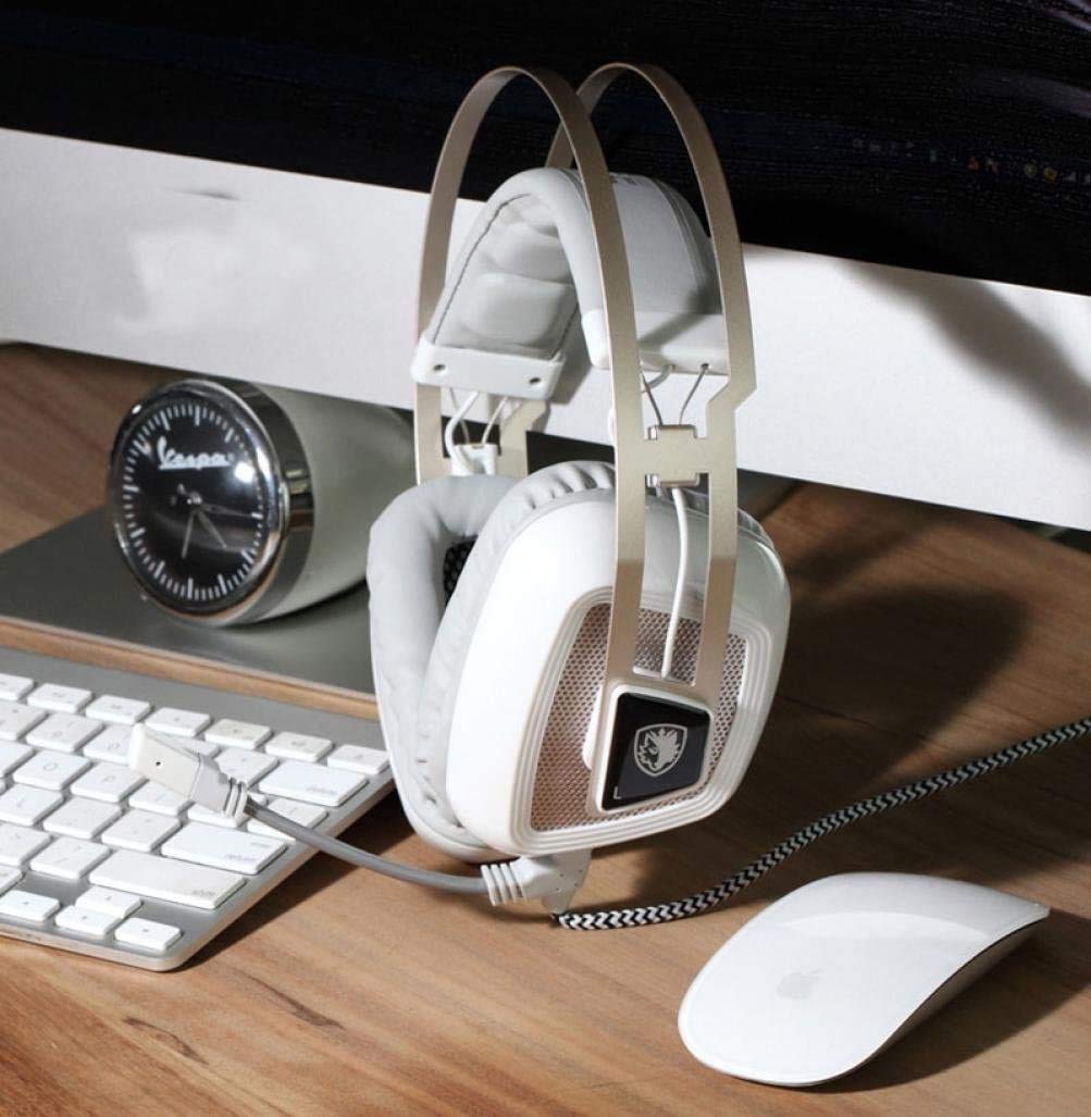 SADES A8S USB Gaming Headset 7.1 Channel Virtual Surround Stereo Wired PC Gaming Headset Over Ear Headphones with Mic Revolution Volume Control Noise Canceling LED Light (White)