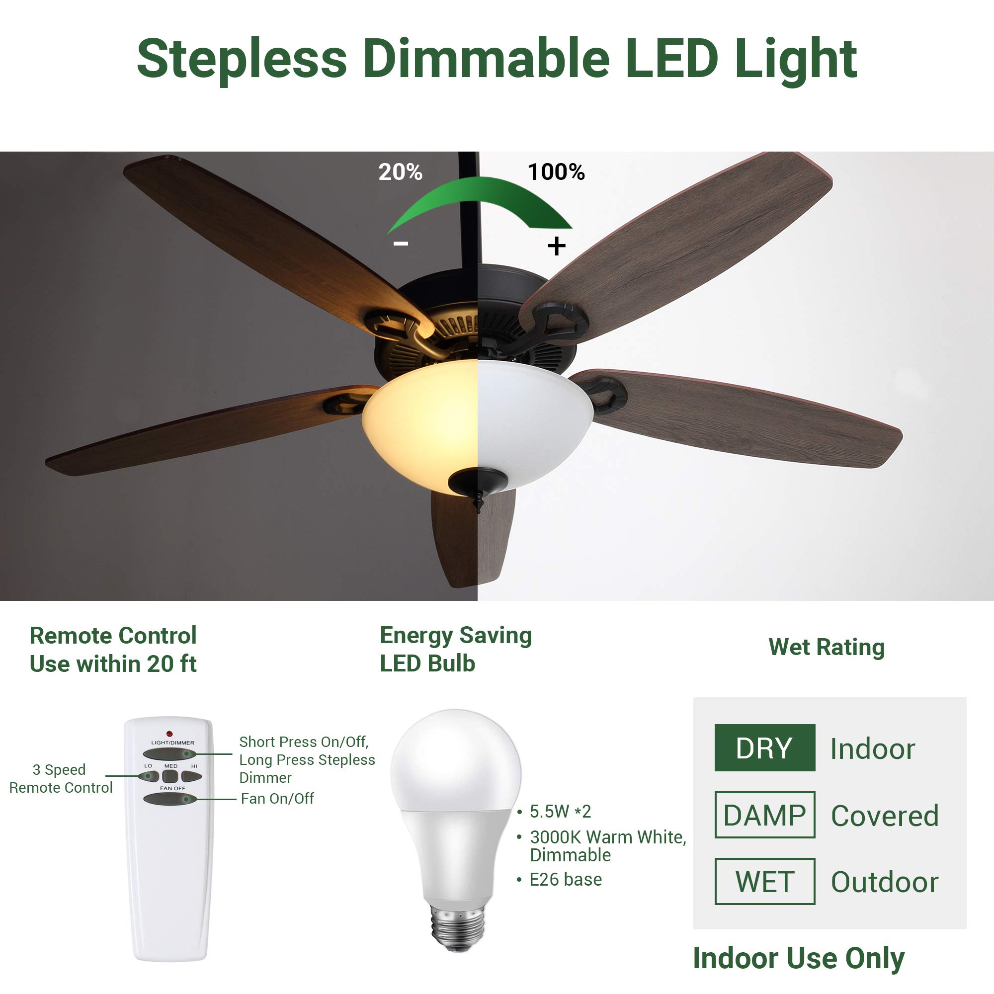 SOLTRONICS Ceiling Fan 52 inch with Light and Remote LED Ceiling Fan with Dimmable Bulb Reversible Walnut/Sand Oak Blade Indoor Use, Brushed Nickel