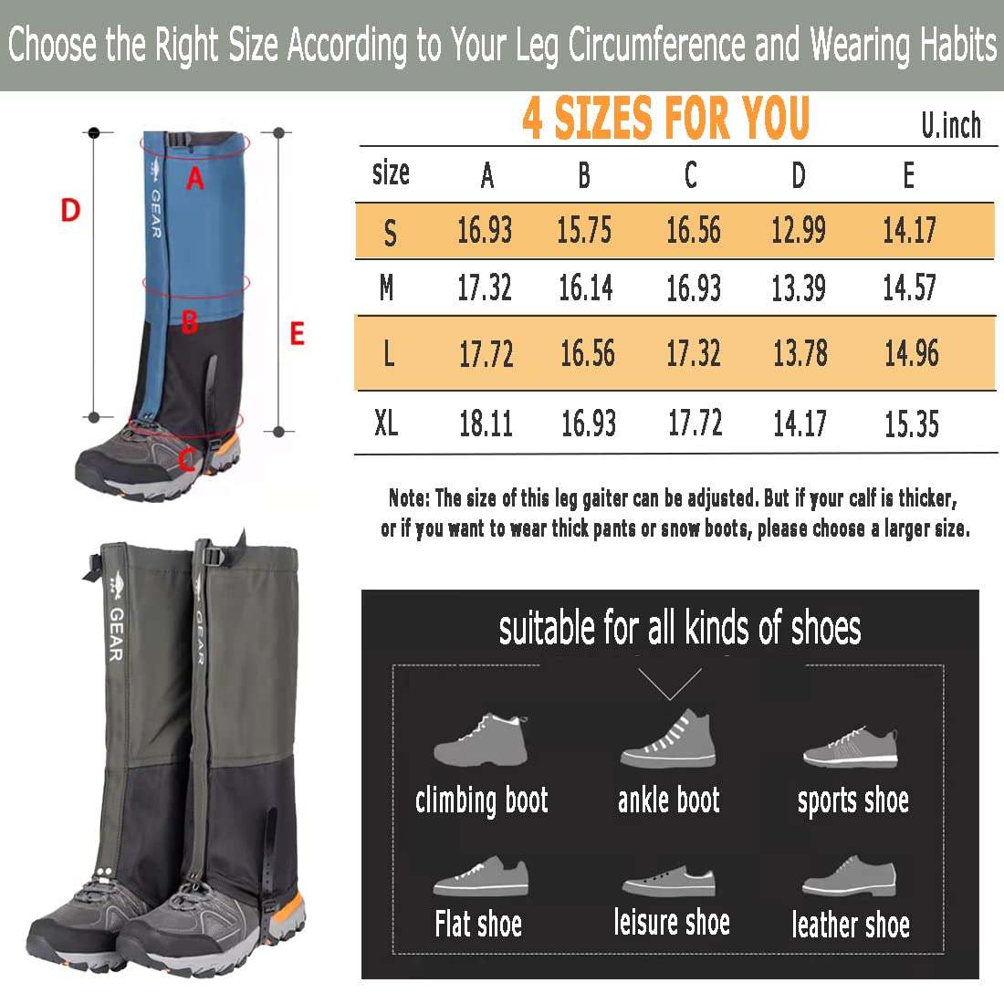 WUSHANG Leg Gaiter Snow Boot Gaiter Waterproof Gaiter for Men Women Shoe Gaiter for Hiking Hunting Skiing Camping Climbing (XL)