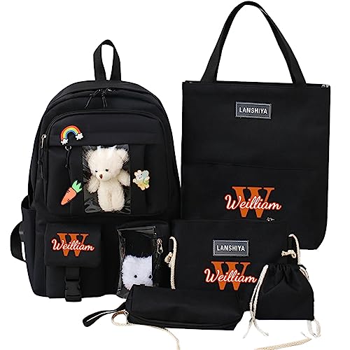 Sanley 5Pcs Personalized Name Kawaii Backpacks Set Custom Name Kawaii Backpack Cute Backpack Travel Backpack Casual Backpack(03-Black Backpack)