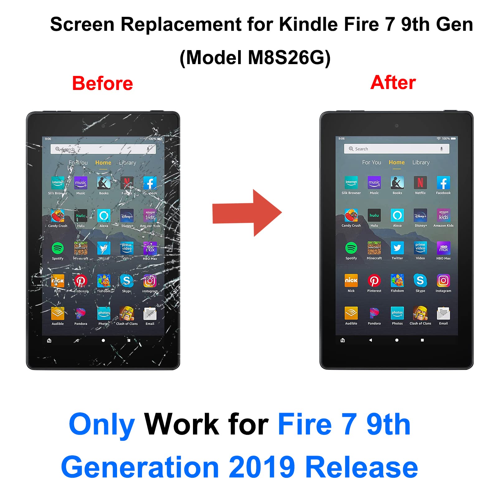 Upgraded Touch Screen Digitizer Replacement for Amazon Kindle Fire 7 9th Gen 2019 M8S26G with Tempered Glass Film and Professional Tool Kit