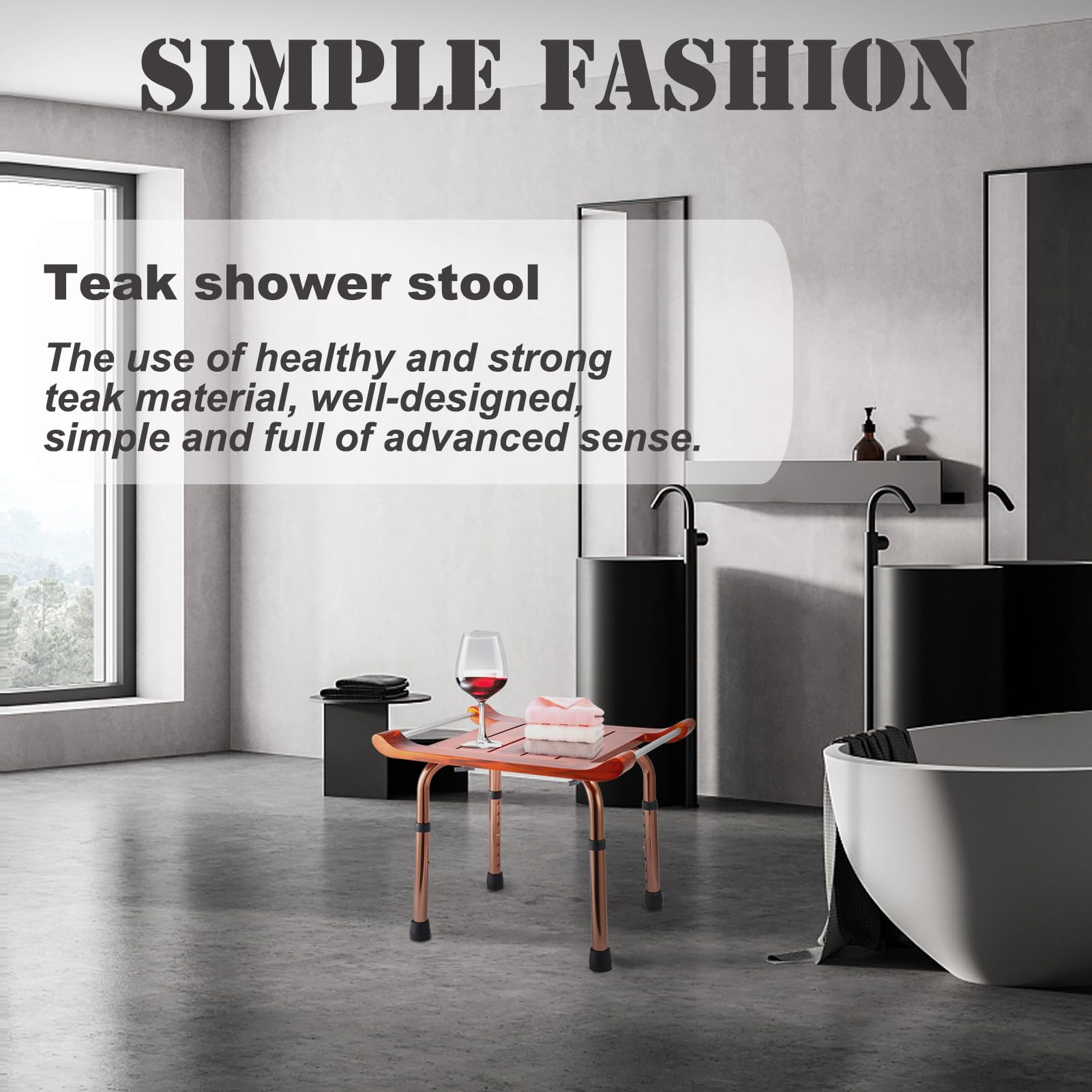 Teak Shower Bench with Handles, Shower Chair for Inside Shower, Height Adjustable Stool, Attached Shower Head Holder Skid pad, Supports Up to 300 Lbs Both Indoor and Outdoor use