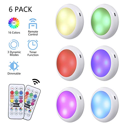 Tomshine LED Rechargeable Puck Lights Wireless Closet Lights with 2 Remote Control, Dimmable Under Cabinet Light 16 Colors 3 Modes with Timer Setting 6 USB Cables 6 Packs