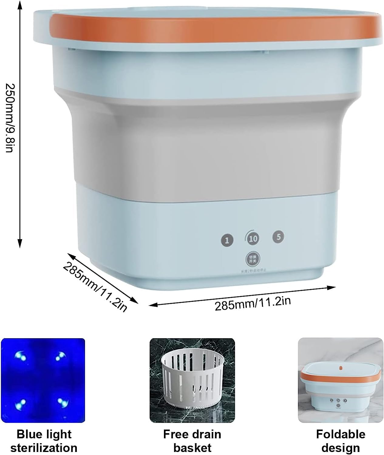 TTSITG Portable Washing Machine, 6 L 3-Speed Adjustment Mini Foldable Washer with Drain Basket USB Compact Outdoor Washing Machine for Underwear, Sock, Suitable Travel, Camping,Apartments (Blue)