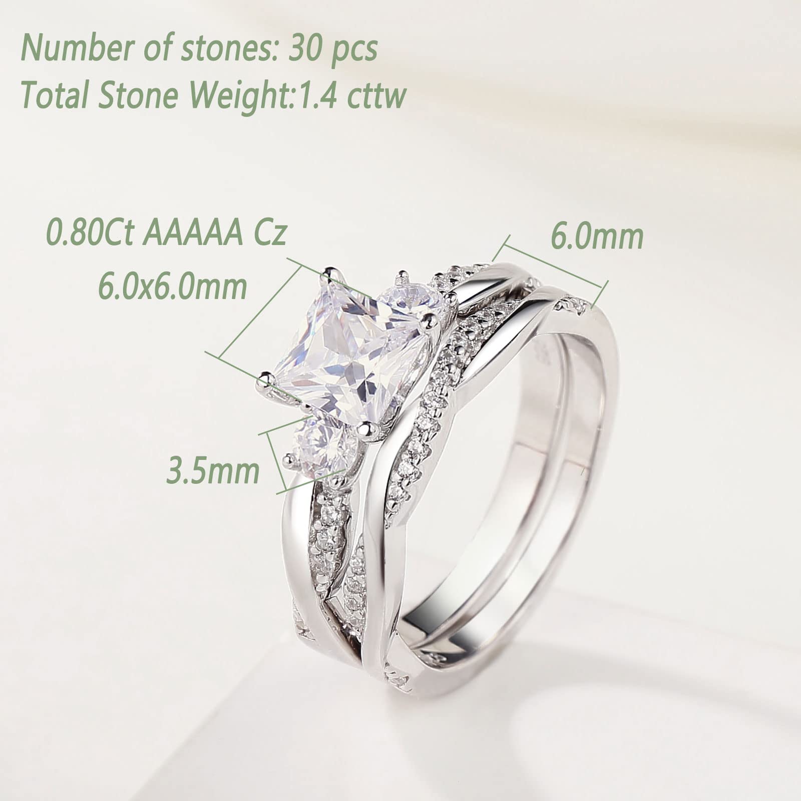 Wuziwen 1 Carat Wedding Infinity Band Bridal Ring Sets Princess AAAAA CZ Sterling Silver Size 6