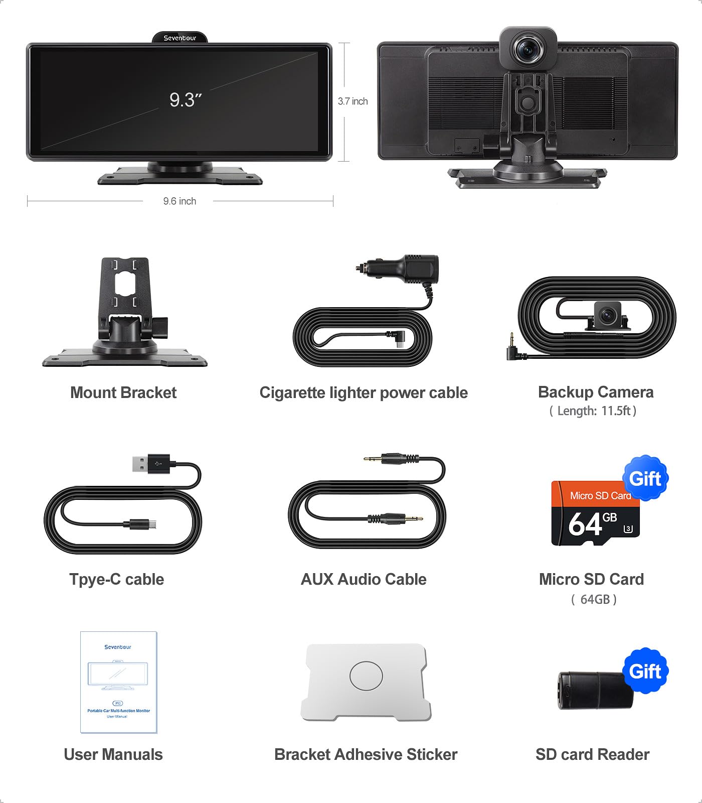 Portable 9.3" Dash Mount Apple CarPlay with 4K Front and Rear 1080P Dash Cam,Wireless Android Auto Car play Screen Stereo for Cars, with Backup Camera/Bluetooth/AUX/FM,Head Unit,Car Audio Receivers