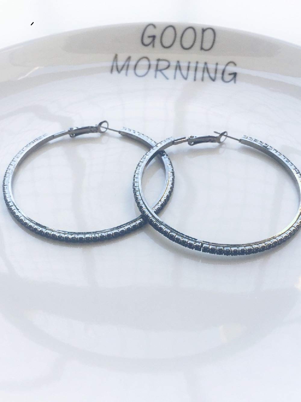 Silver Plated Women Hoop Earrings Bridal Wedding Black White Pink Crystal Rhinestone EarBrings (Black)