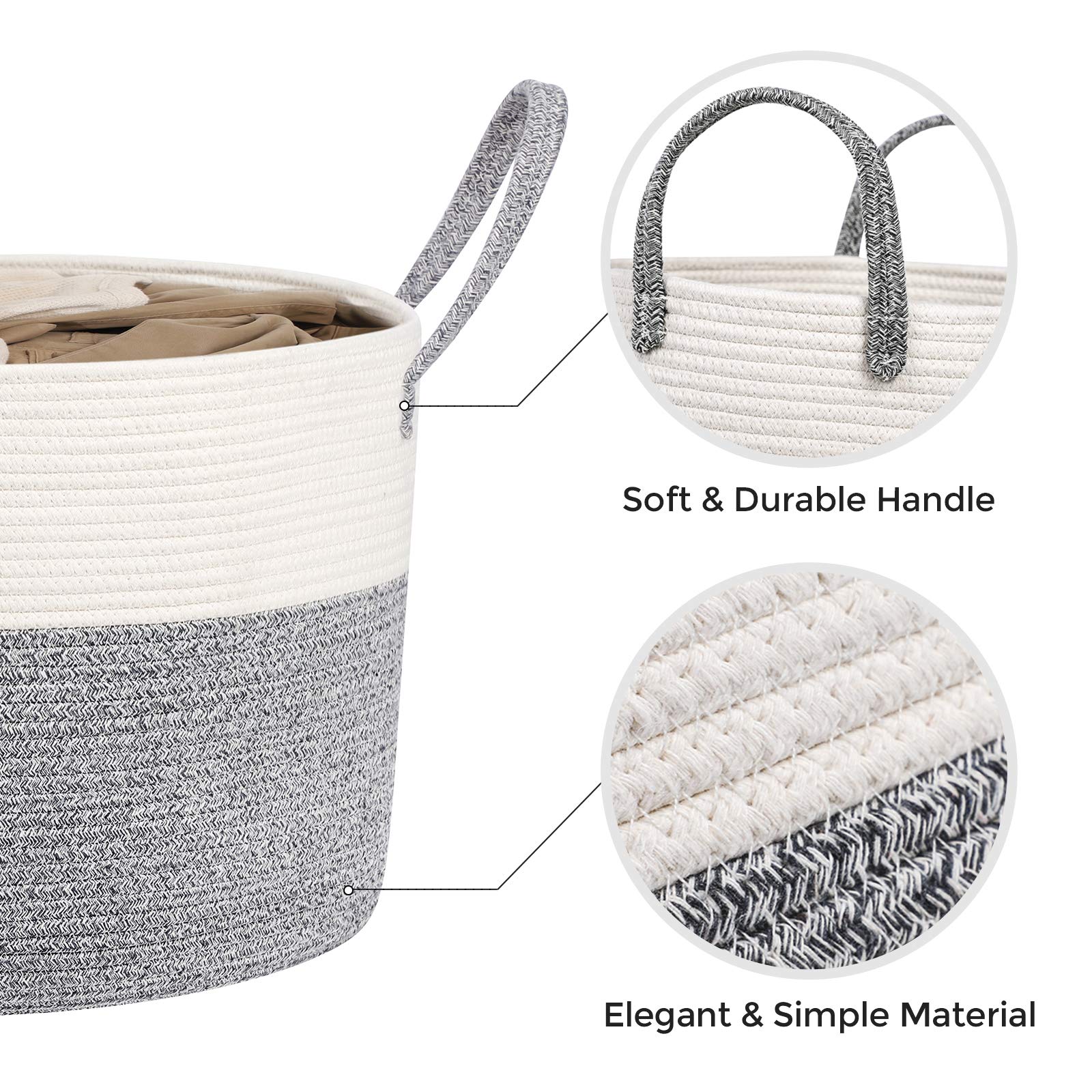 SONGMICS Cotton Rope Basket Storage with Handles, Laundry Hamper for Clothes, Blankets, Living Room, Bedroom, Gray + Beige