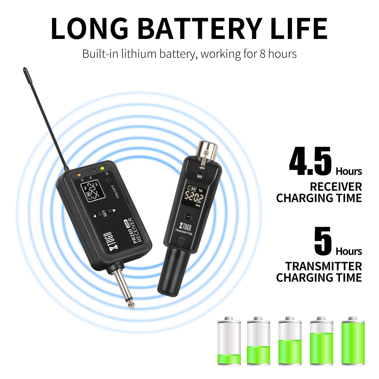 XTUGA PR260 UHF Wireless XLR Transmitter and Receiver,Wireless Rechargeable Mic Adapter with 99 Selectable Channel 164ft Range for Dynamic Microphone,Audio Mixer, PA System and DSLR Camera
