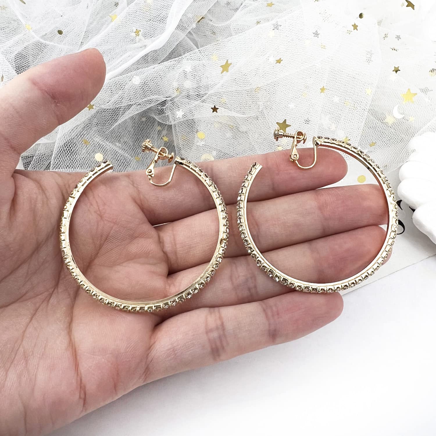 XGALBLA Circle Hoop Earrings Clip On Earrings Silver Tone Austrian Crystal Non Pierced Hoop Earrings 1.57 inch Hoop Earrings