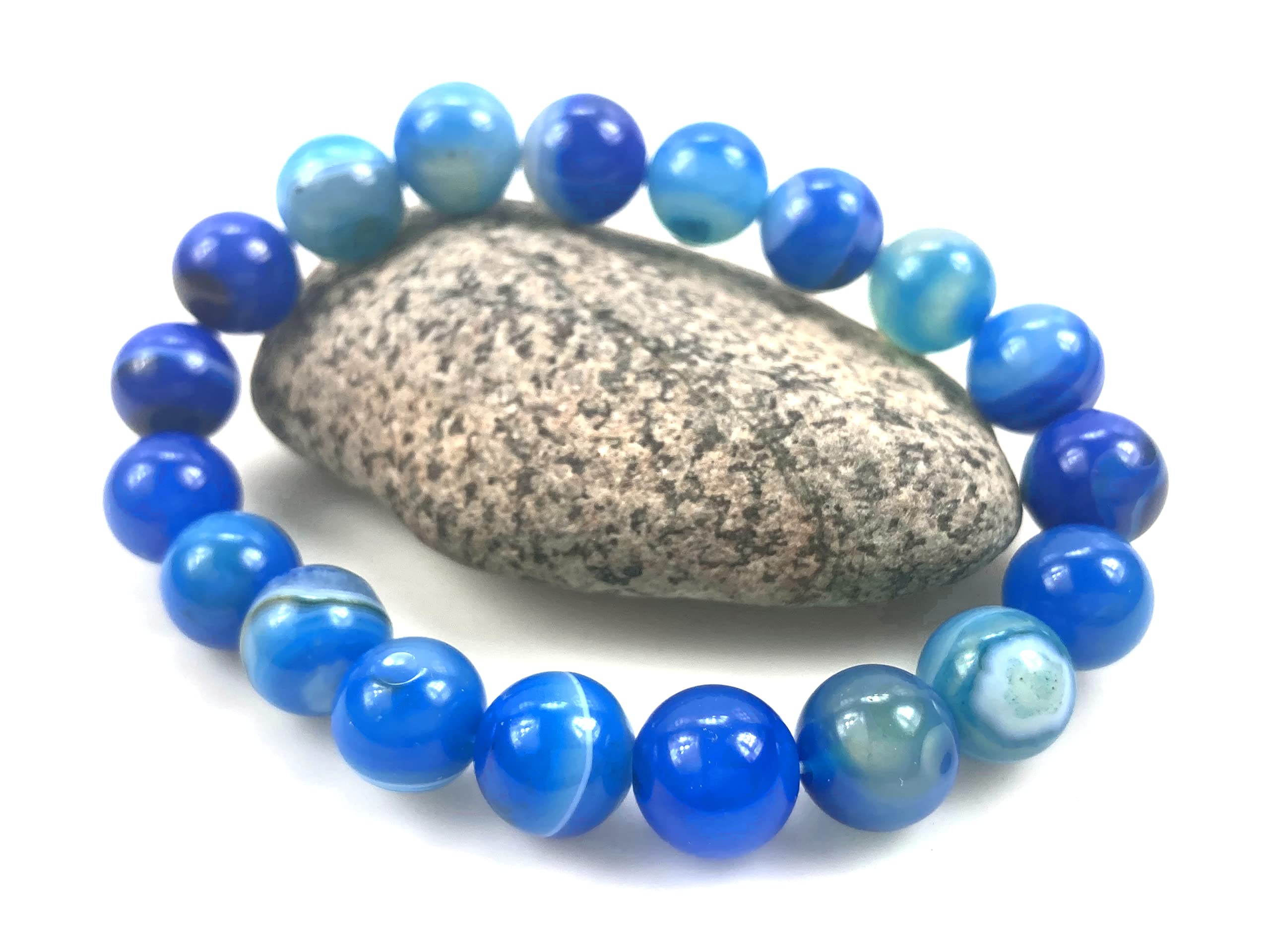 PURPLE WHALE Botswana Agate Stone Bracelet for Women, Men | Round Beads Stretch Adjustable Bracelet for Meditation, Yoga (Blue)